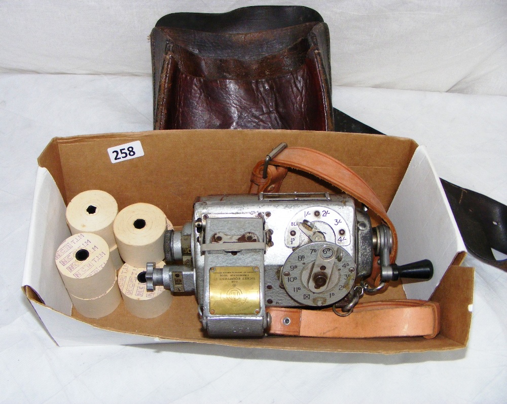 A Mycalex & Tim bus conductors ticket machine with rolls & leather pouch.