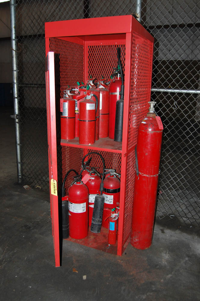 FIRE EXTINGUISHER CAGE WITH APPROX. 12 FIRE EXTINGUISHERS, (2 ...
