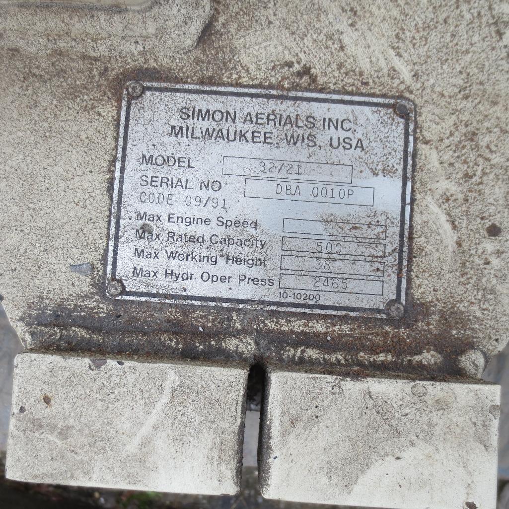 Simon Eagle Aerials Man Lift, Model 32/21, 500 Lb. Cap., S/N DBA0010P ...