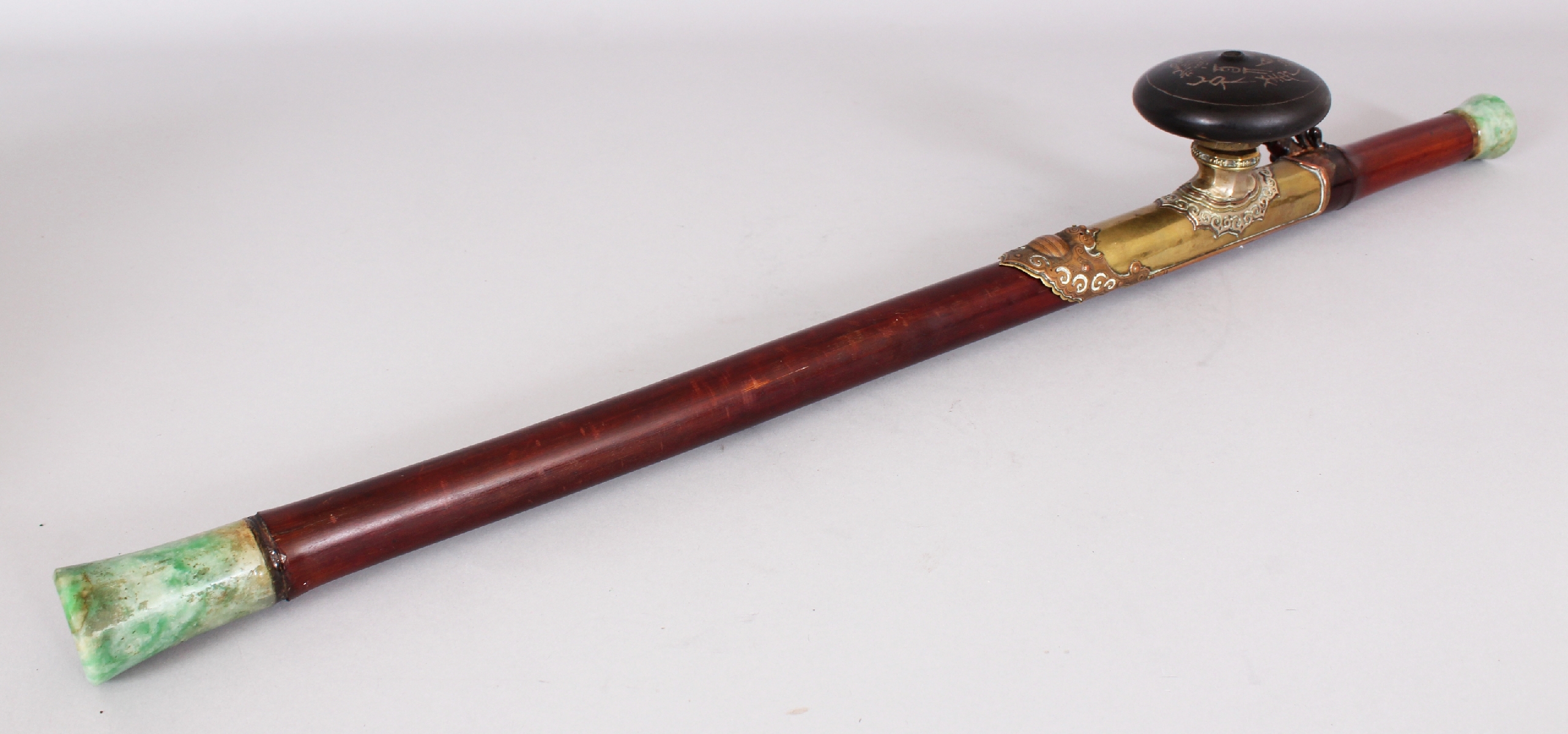 A GOOD 19TH CENTURY CHINESE JADE MOUNTED BAMBOO OPIUM PIPE, with a ...