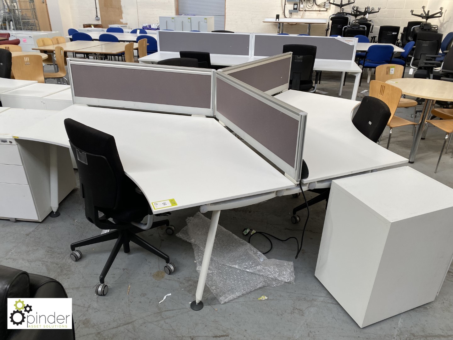 3-person Desk Pod, white, with 3 privacy screens, 3 white steel desk ...