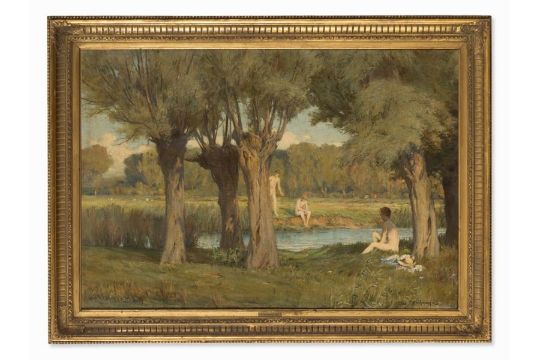 Max Pietschmann (1865-1952), Badende am Weiher, Gemälde,1920er Öl auf ...