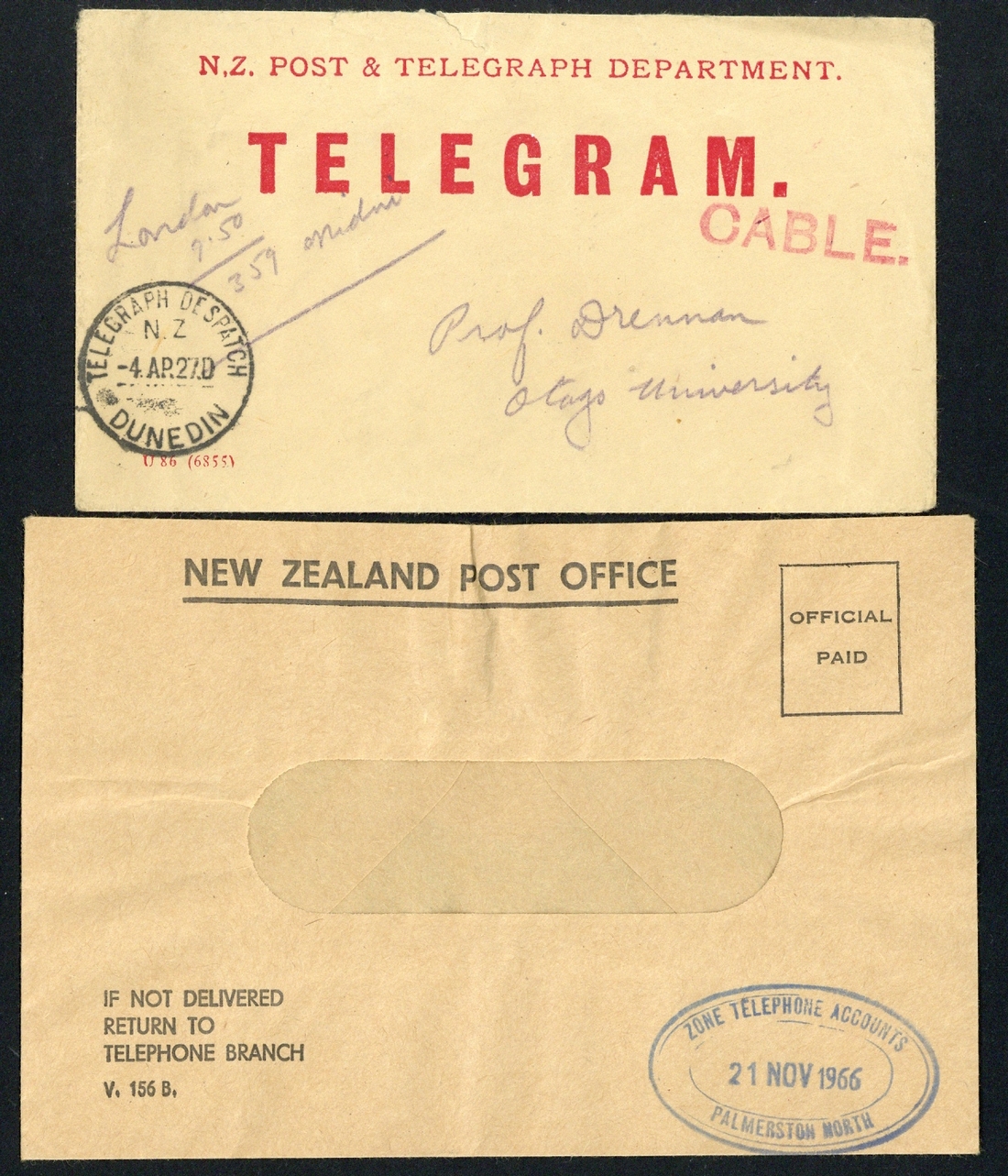 (x) New Zealand1927-66 a group of Post Office telegram envelopes with ...