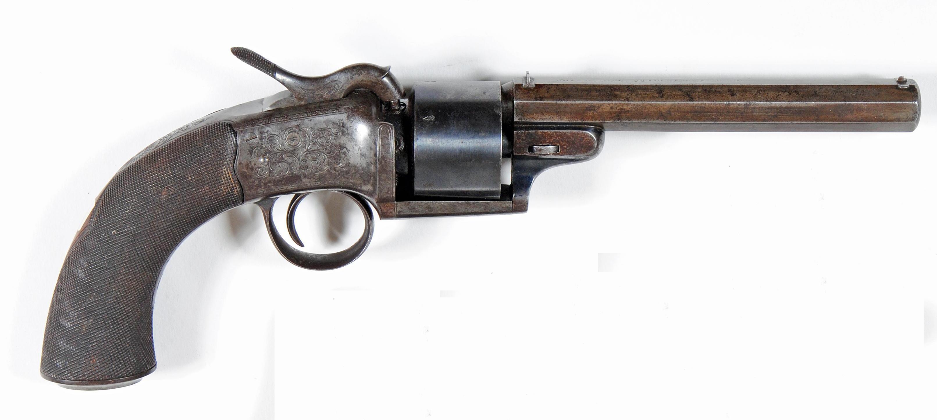 A JOSEPH LANG TRANSITIONAL 6 SHOT REVOLVER, mid 19th century, the 6 ...