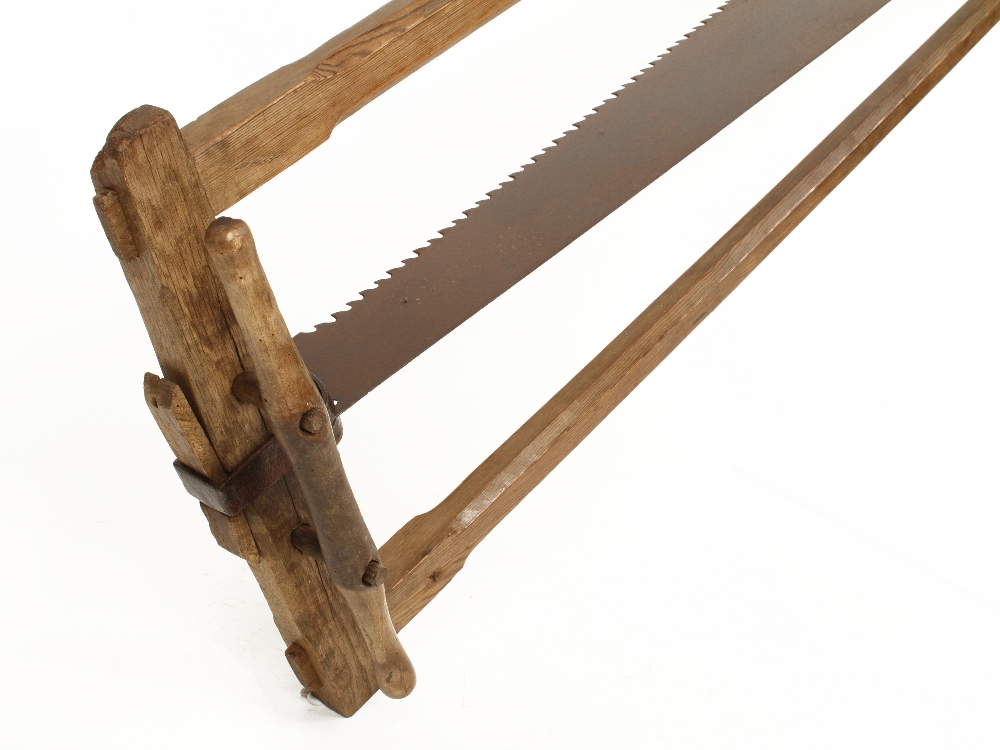 A broad blade pit saw with chamfered pine frame with oak handles 7' 9 ...