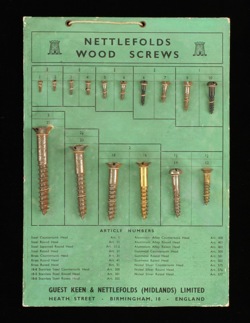 A display card of NETTLEFOLDS 16 Wood Screws 3/8" to 3" three appear to ...