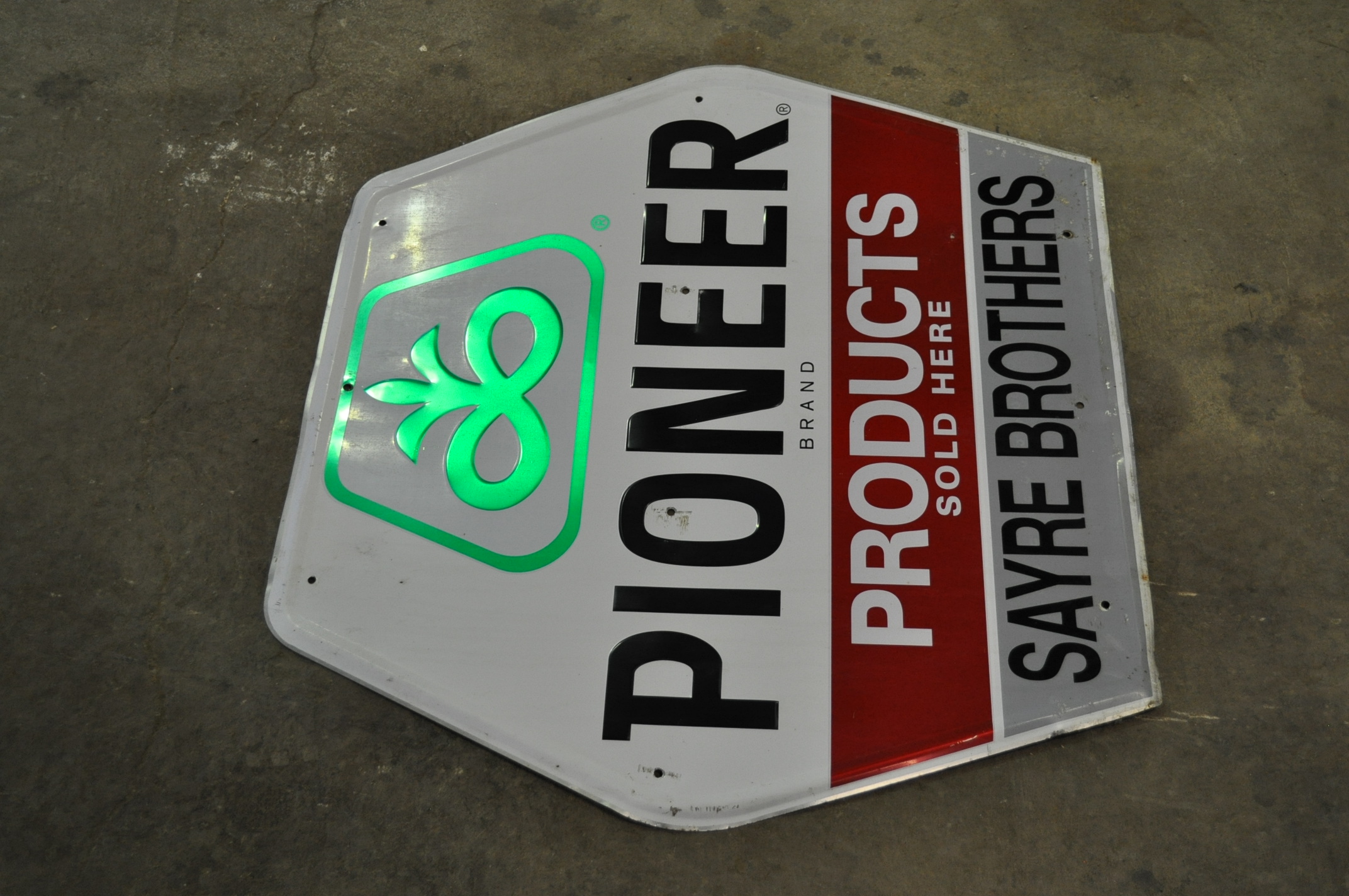 Pioneer Seed metal sign 33 3/4" long x 36" wide, SAYRE BROTHERS