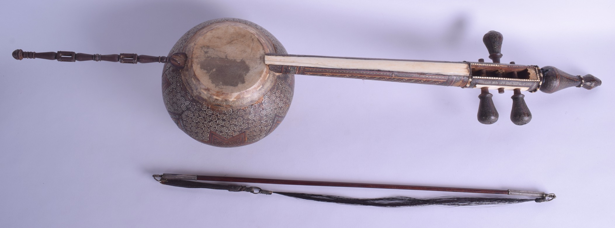 A RARE 18TH CENTURY INDO PERSIAN STRING REBAB BOW INSTRUMENT inlaid in ...