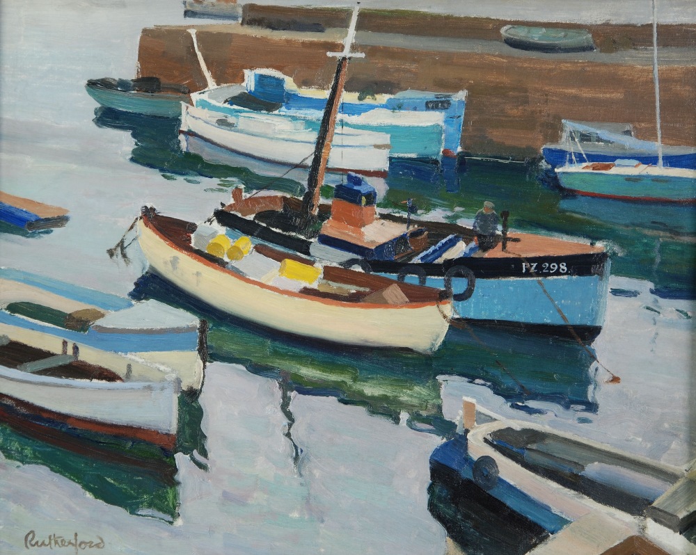 HARRY RUTHERFORD (1903 - 1985) OIL PAINTING ON PANEL 'Boats, Penzance ...