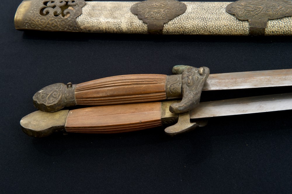 19th century Chinese Shuang Jian double sword set with brass mask ...