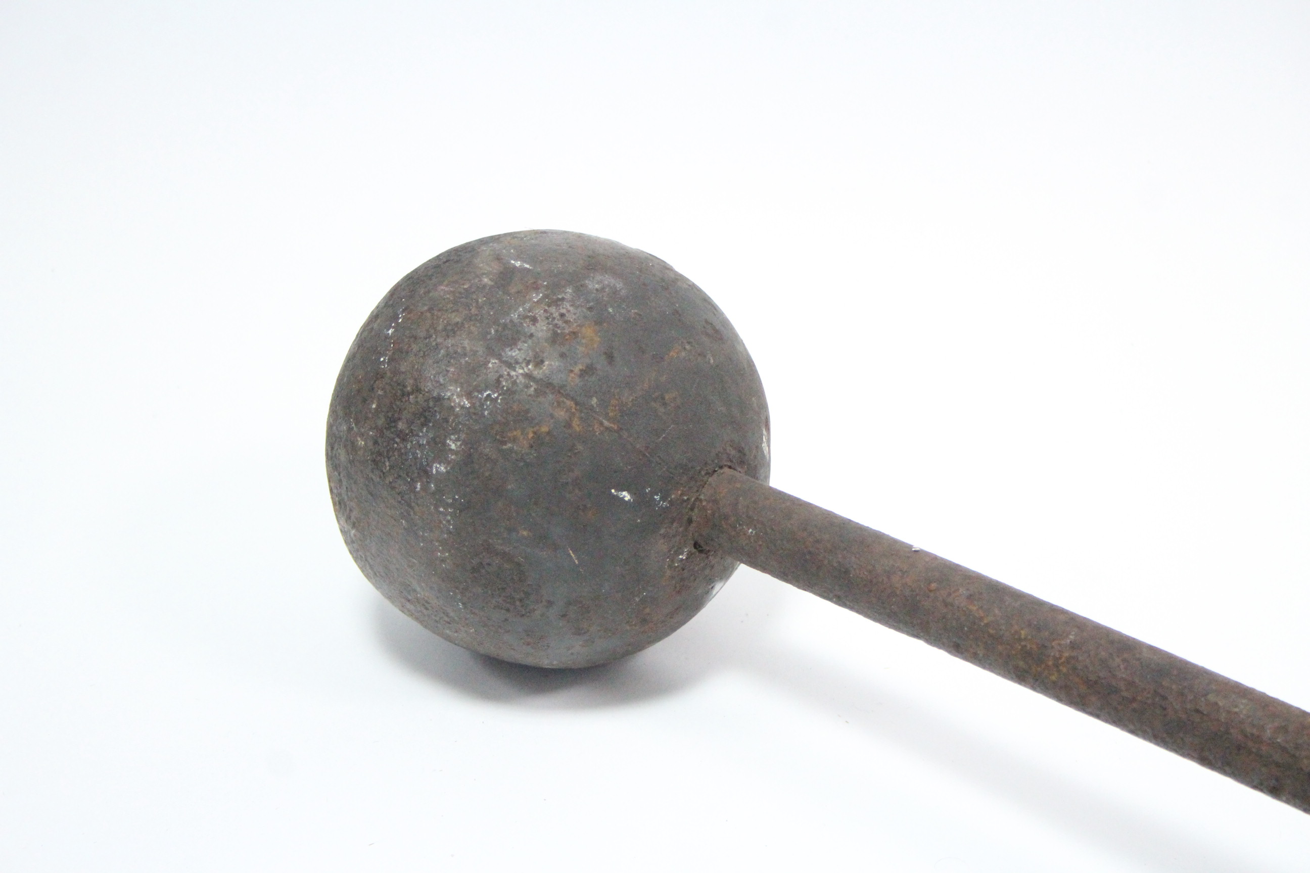 A vintage iron circus strongman’s barbell, 50” long; & a ditto pair of ...
