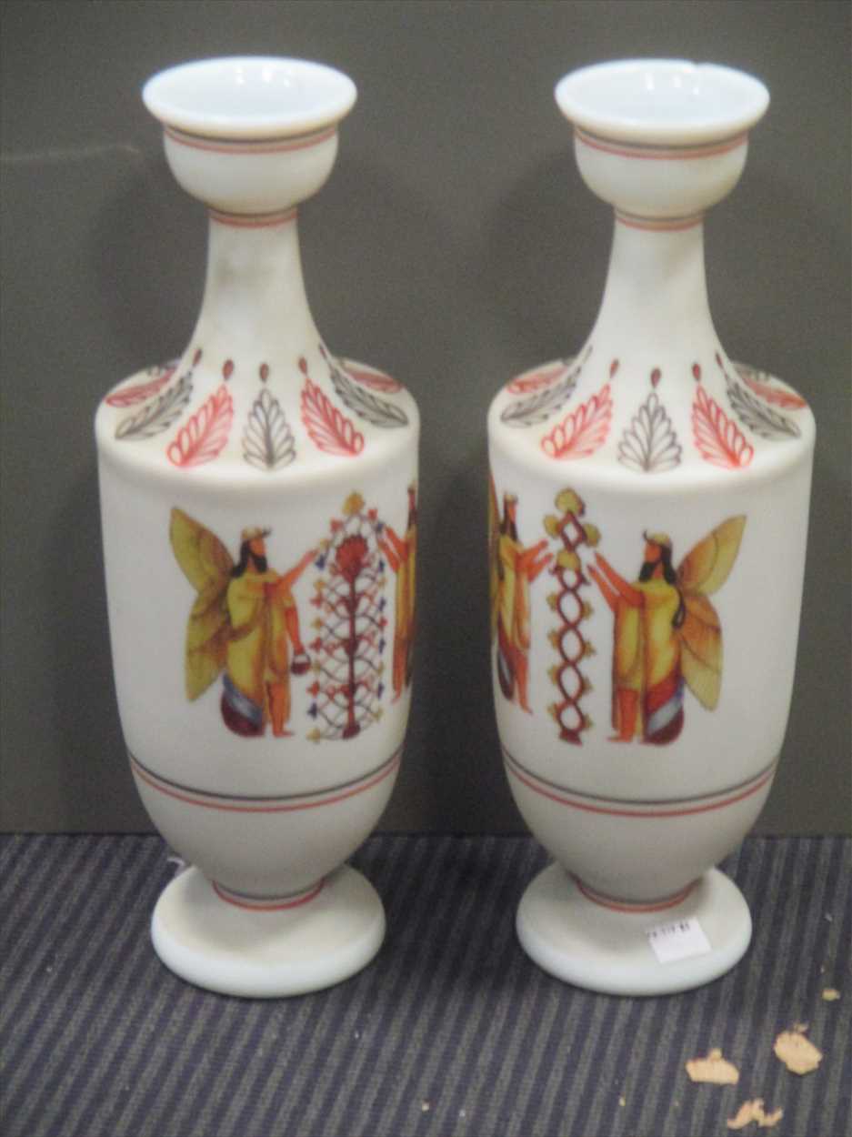 A Pair Of 19th Century Opaque White Glass Vases With Polychrome
