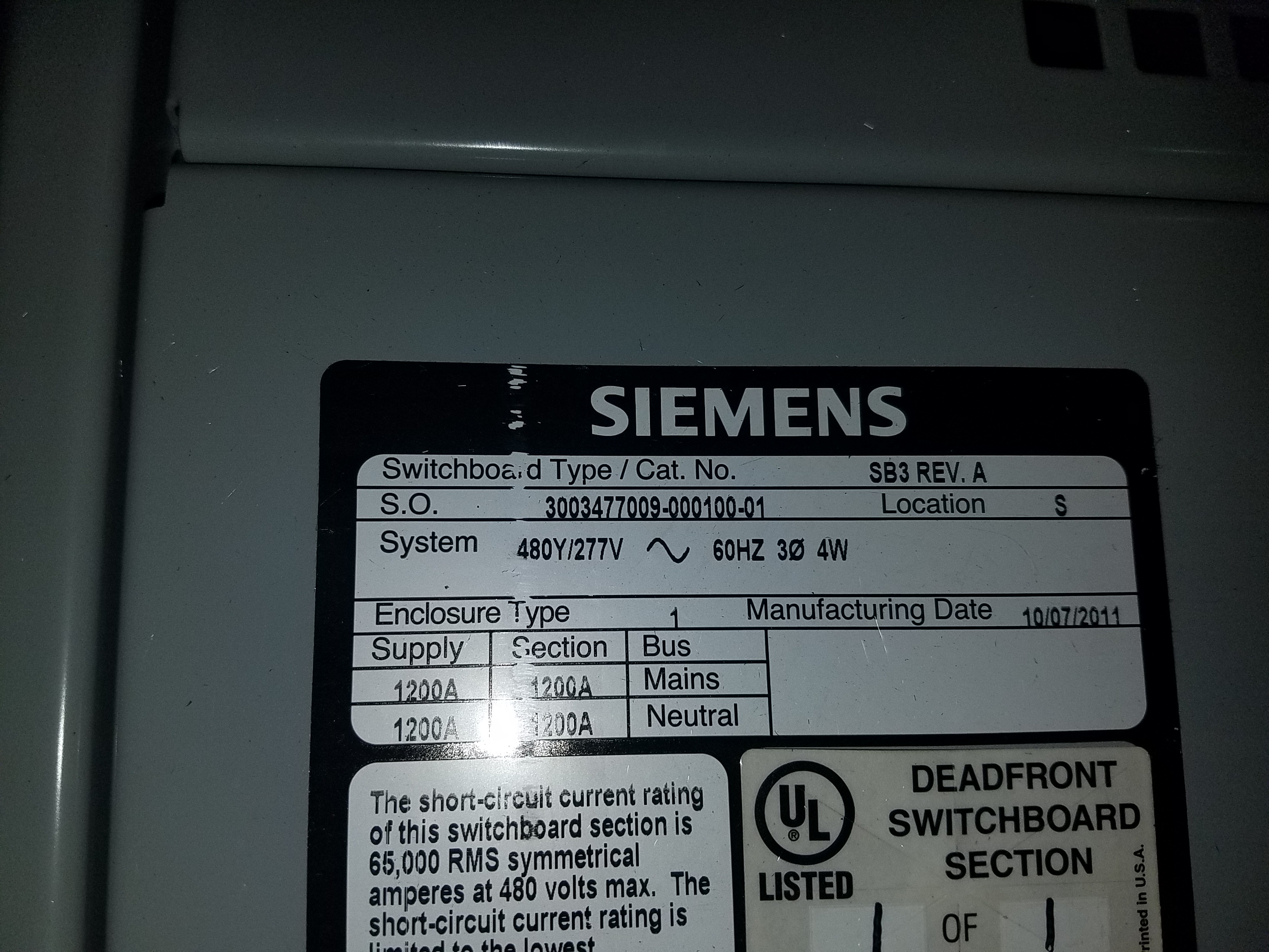 SIEMENS SWITCHBOARD TYPE/CAT NO. SB3 REV.A SYSTEM 480Y/277V; 60 HZ ...
