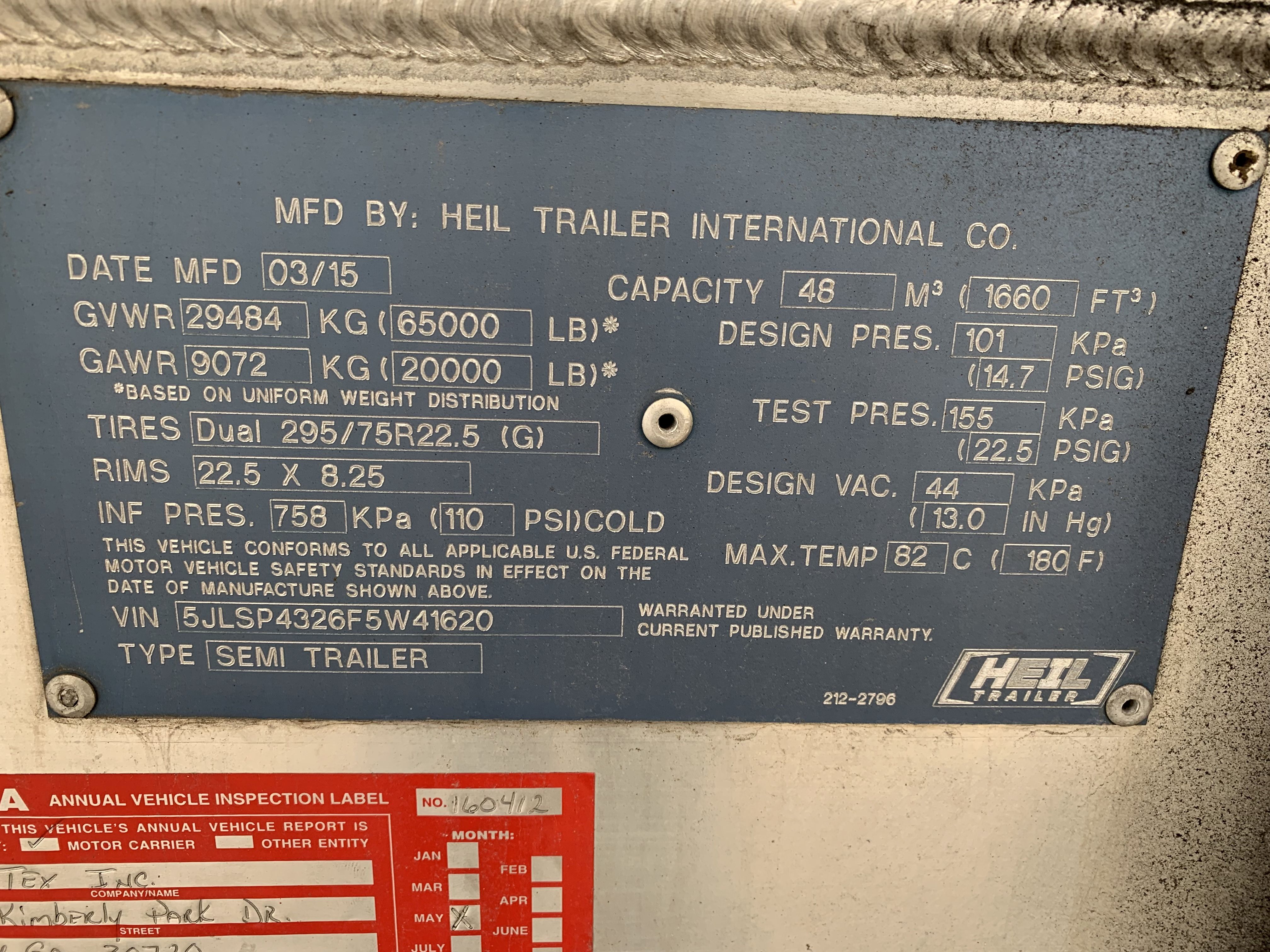 **2015 HEIL DRY BULK TANKER TRAILER; VIN #5JLSP4326F5W41620, CAPACITY ...