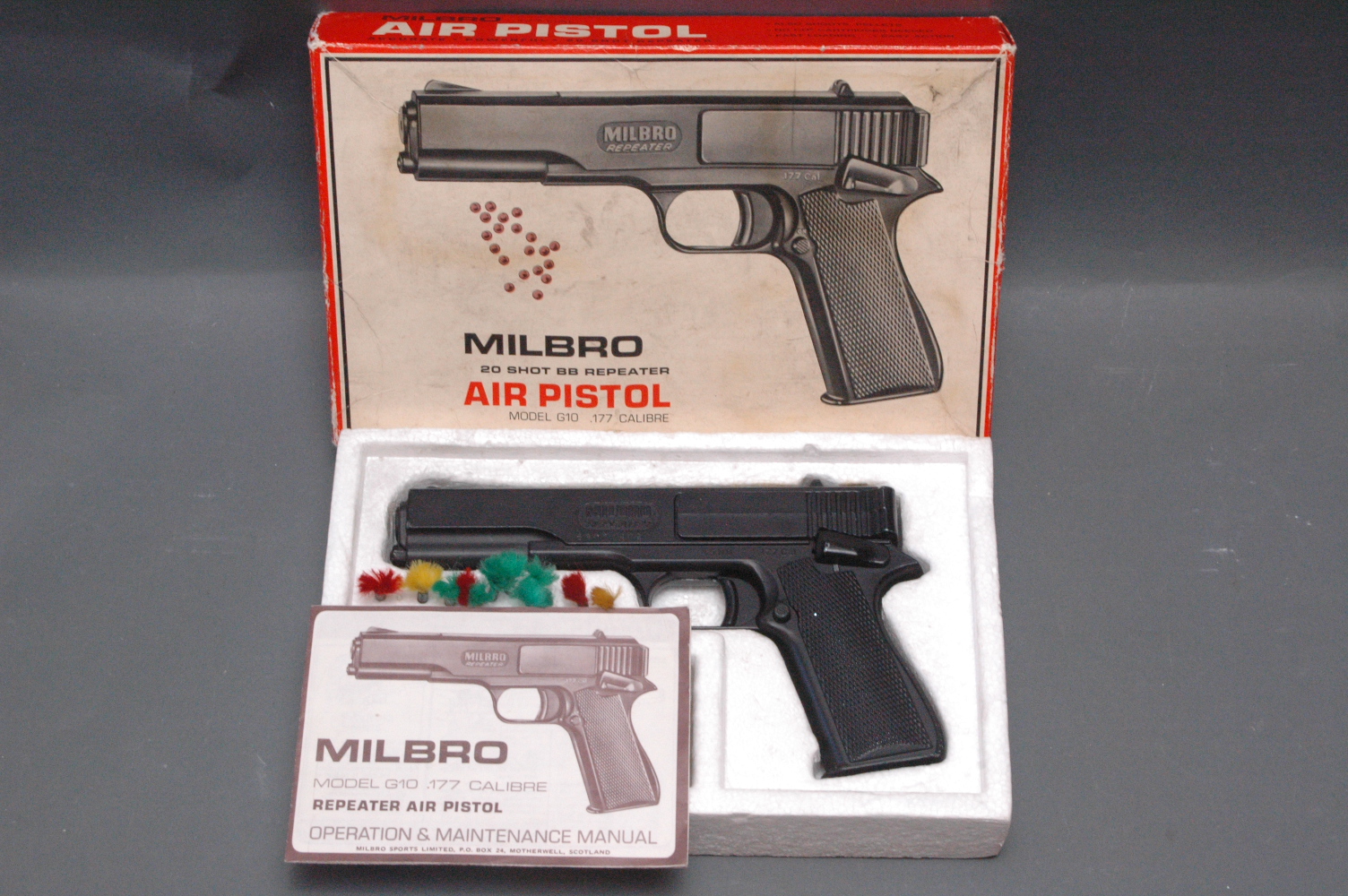 Milbro G10 .177 air pistol, boxed, with darts and instructions. No ...