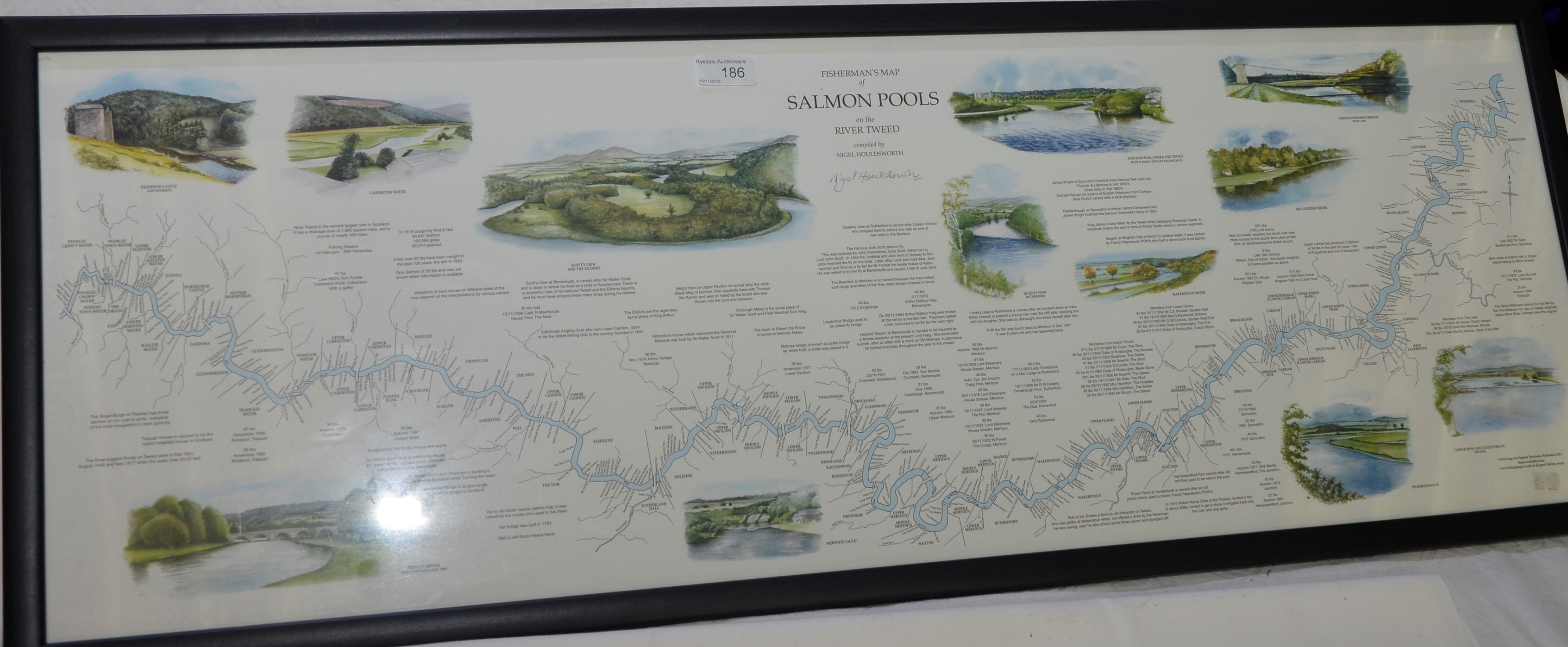 Framed print fisherman's map of salmon pools on the river Tweed, signed ...