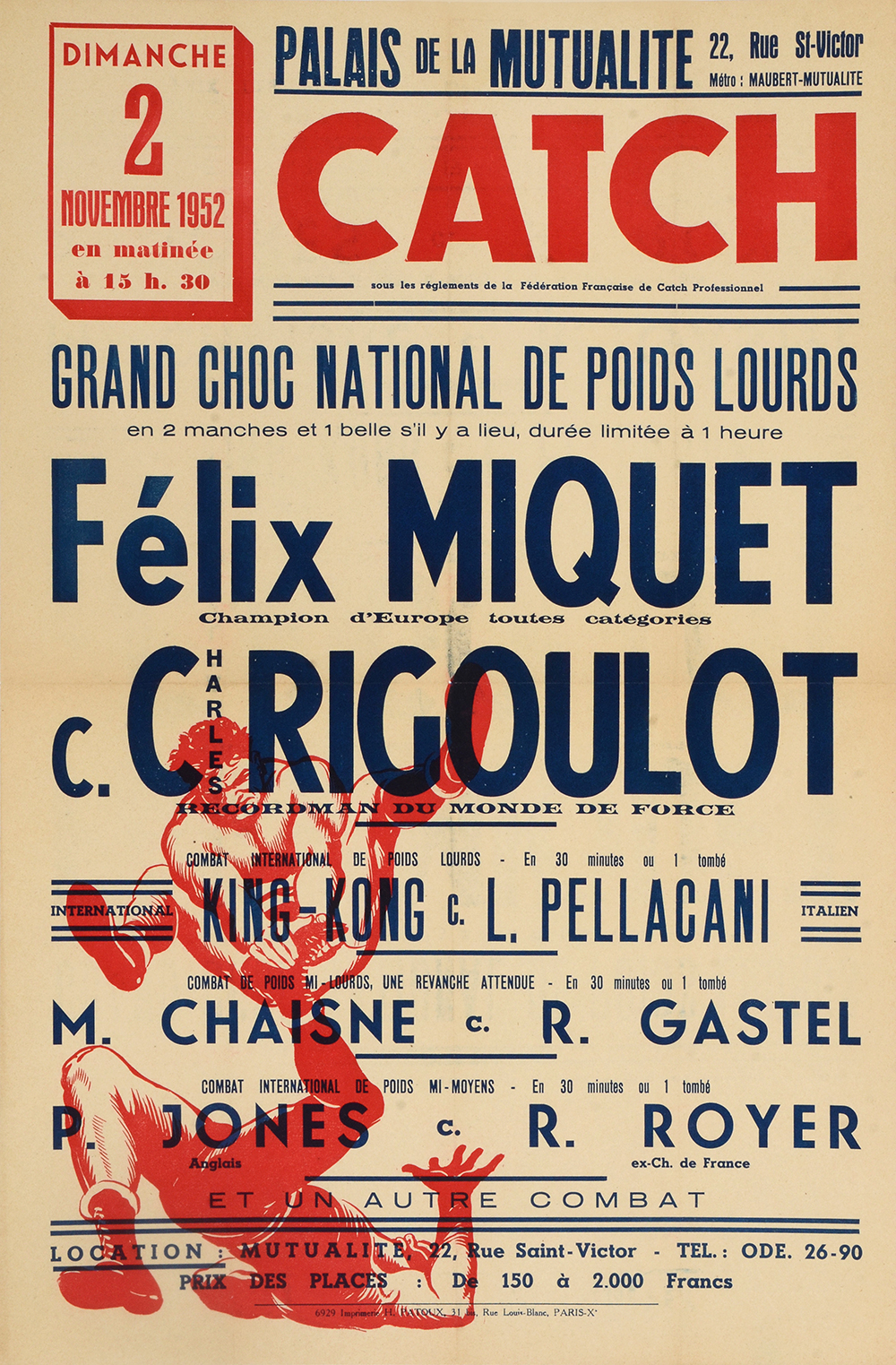 Ensemble de 2 affiches de combat de Charles Rigoulot en 1938 et 1952 ...