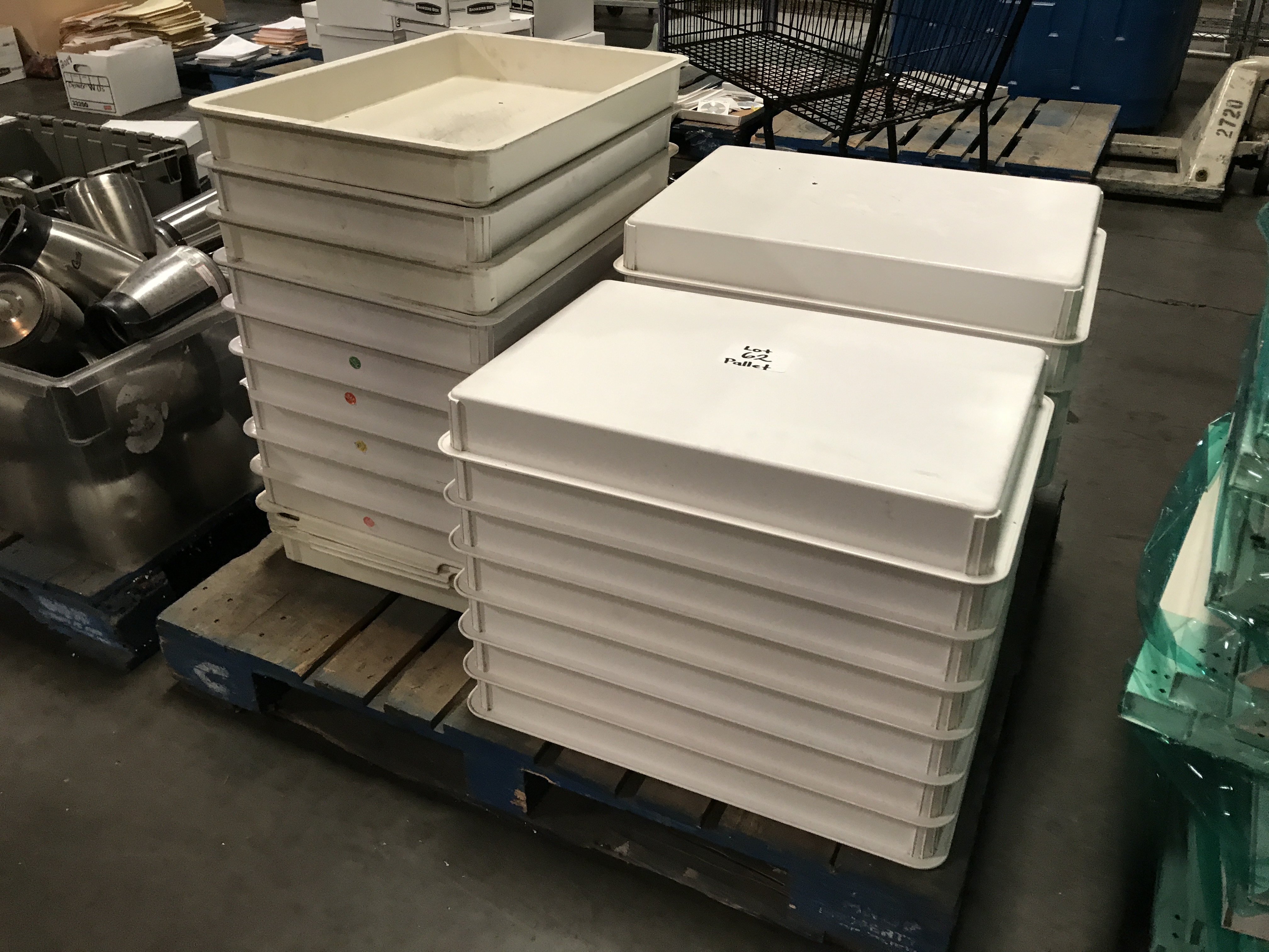 Pallet of plastic stackable trays