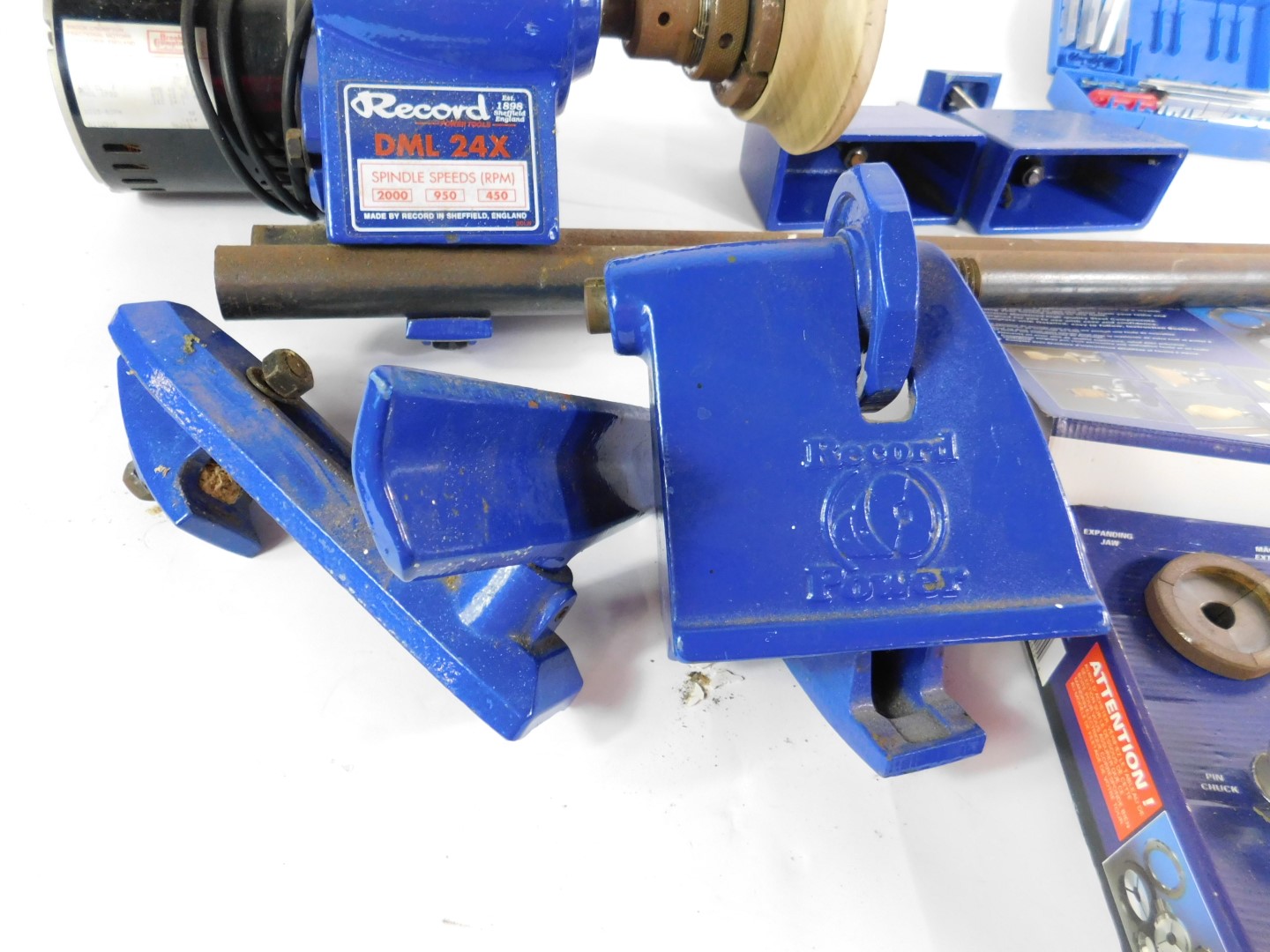 A Record wood turning lathe, DML24X, together with clamps, and a power ...