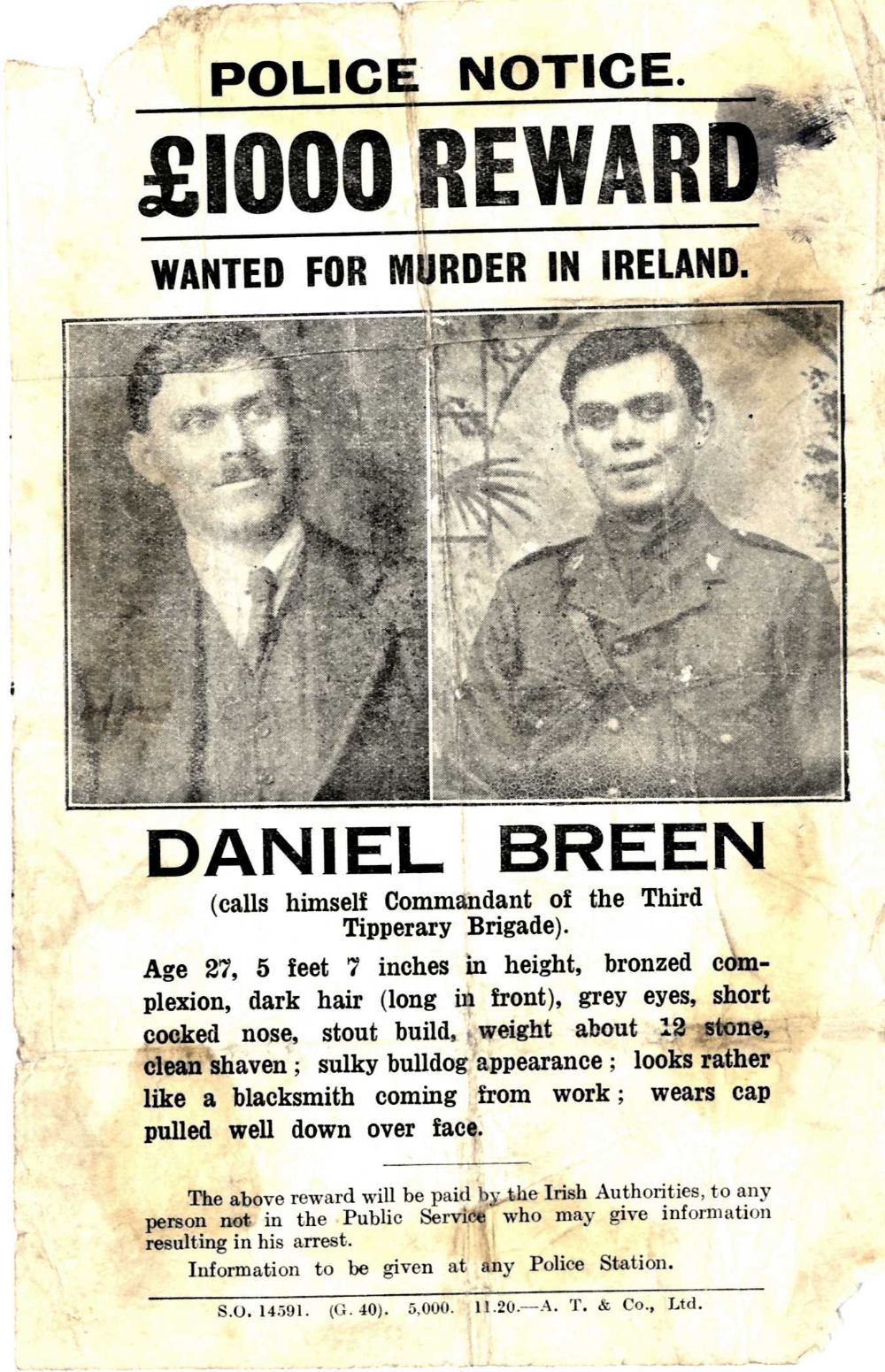 Wanted For Murder Printed Poster: [Dan Breen] A "Wanted" handbill for ...