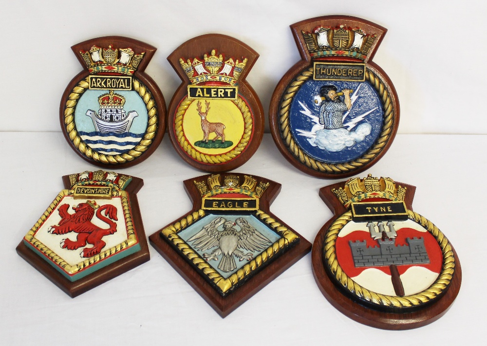 Six large hand painted metal Royal Navy ships crests mounted on wooden ...