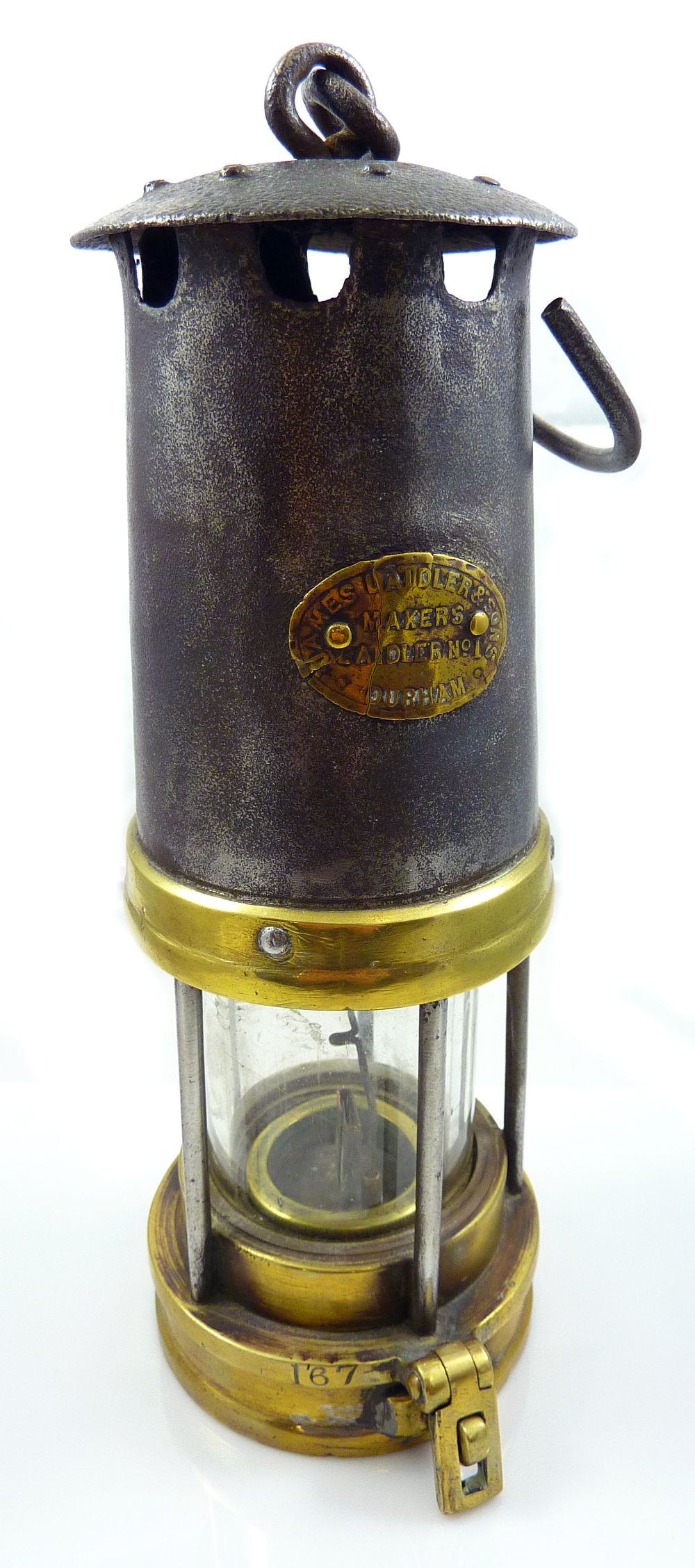 A circa 1915 James Laidler of Durham miner's bonneted flame safety lamp ...