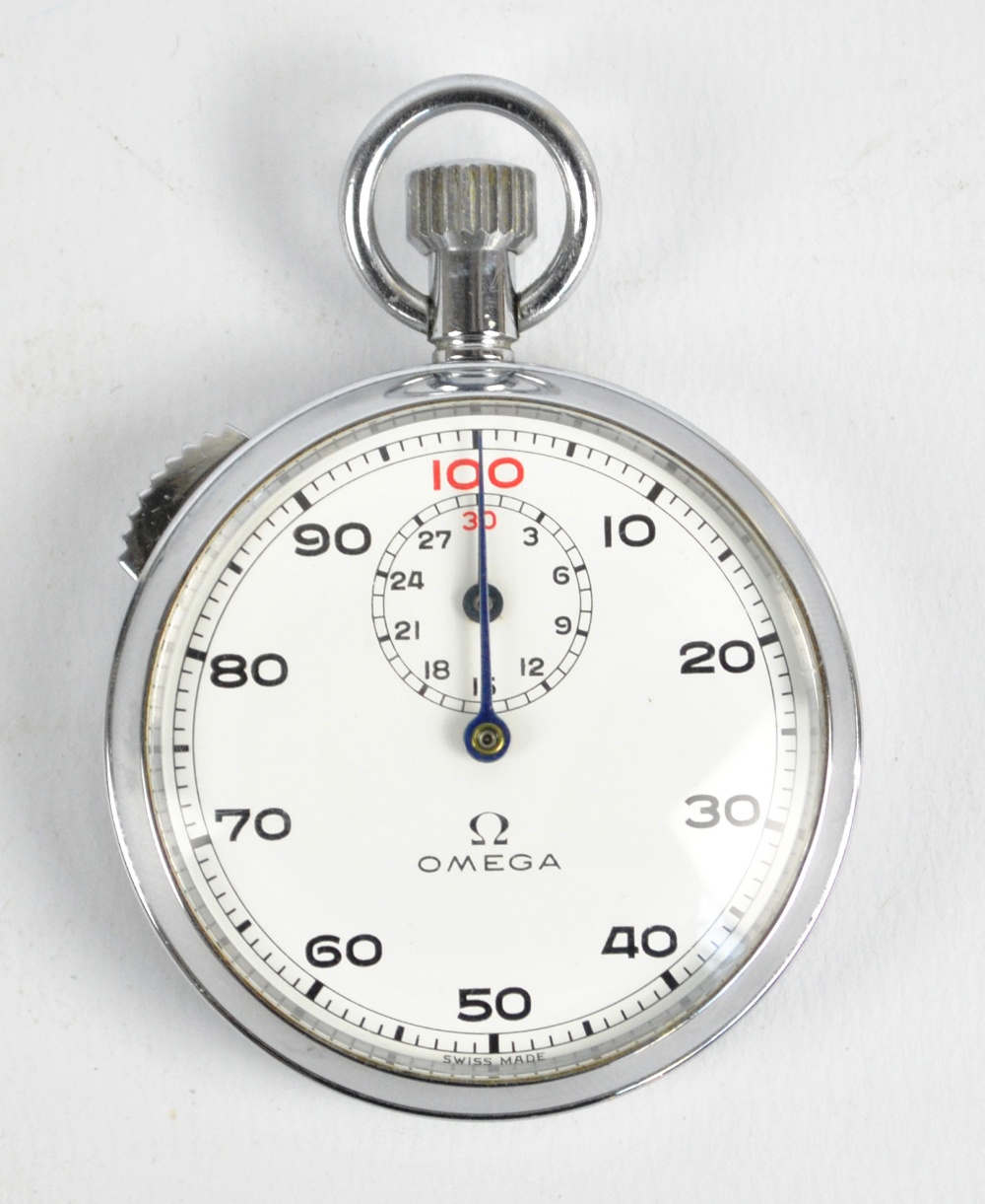 OMEGA; a chrome cased vintage stop watch with circular dial with outer ...