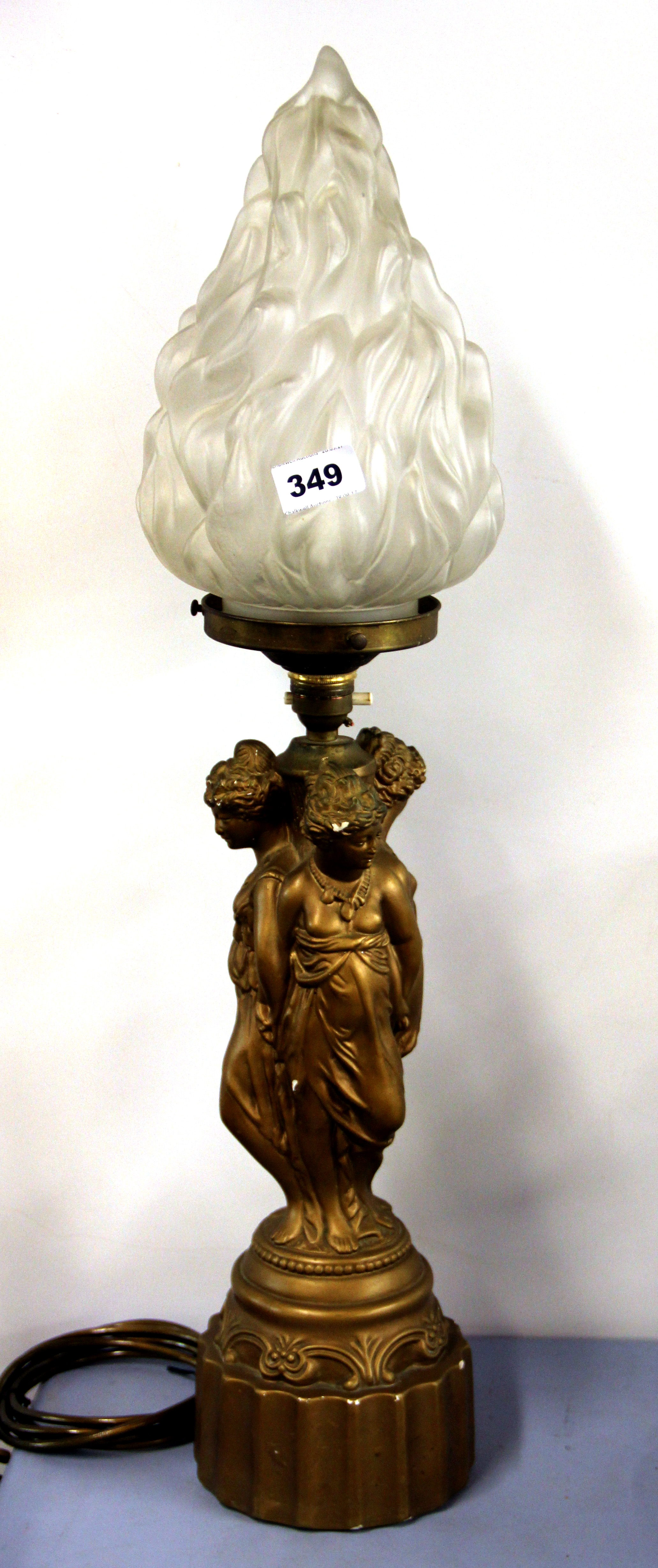 A 1930's gilt classical plaster table lamp with original flame shade, H ...
