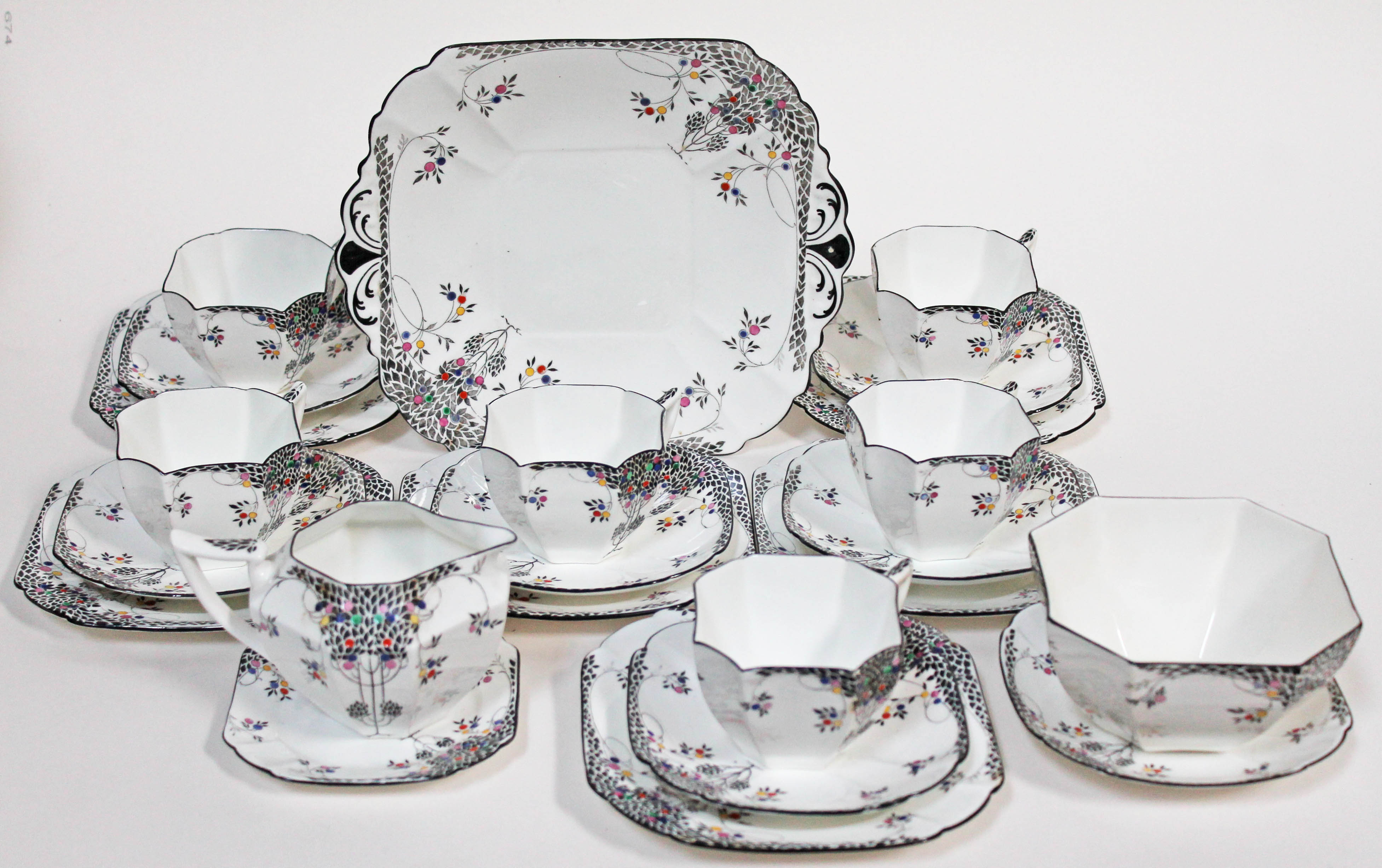 A Shelley 23 piece Queen Anne part tea set in "Black Leafy Tree ...