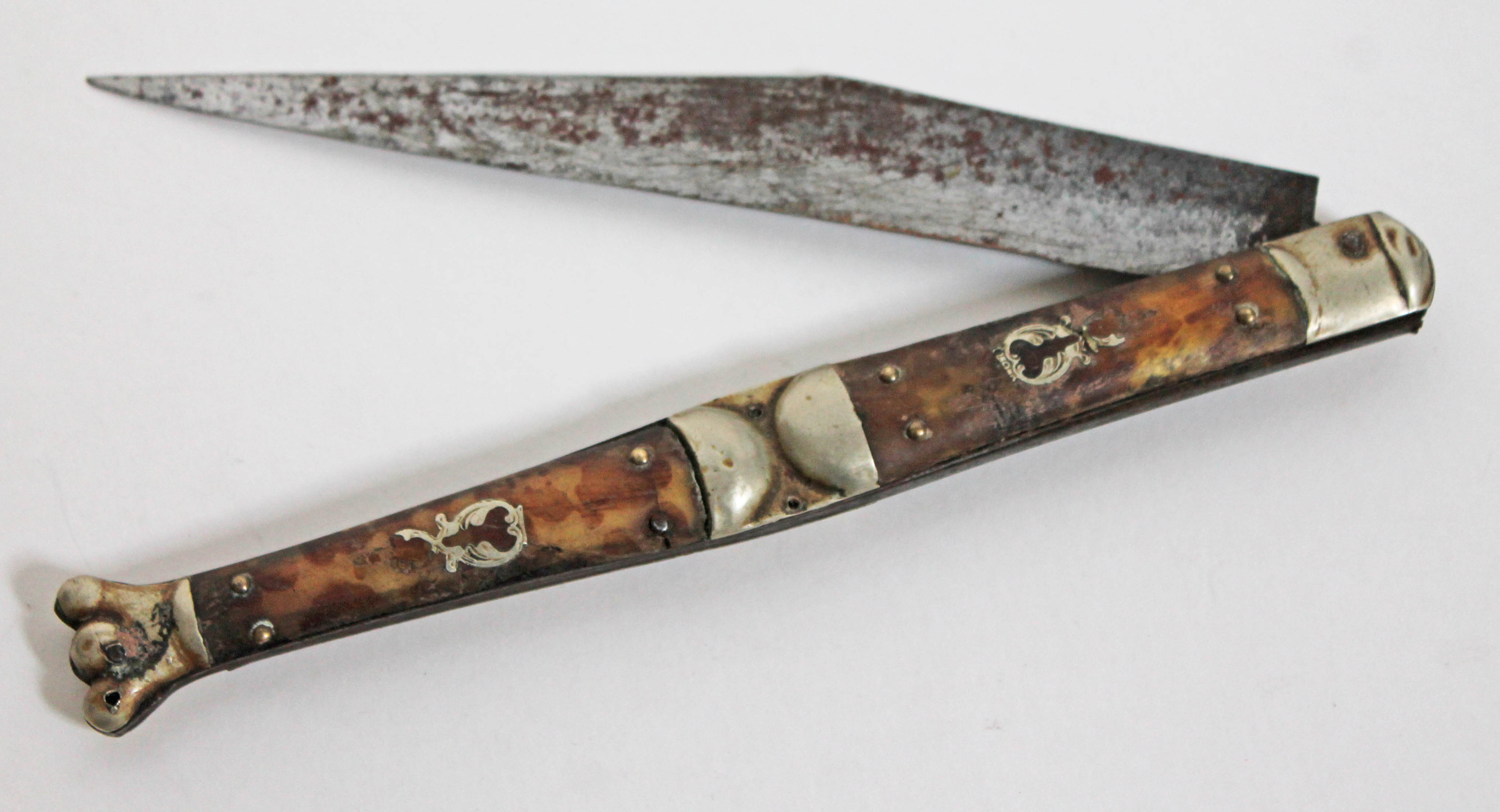 A Spanish 19th Century Navaja folding knife with inlaid tortoiseshell ...