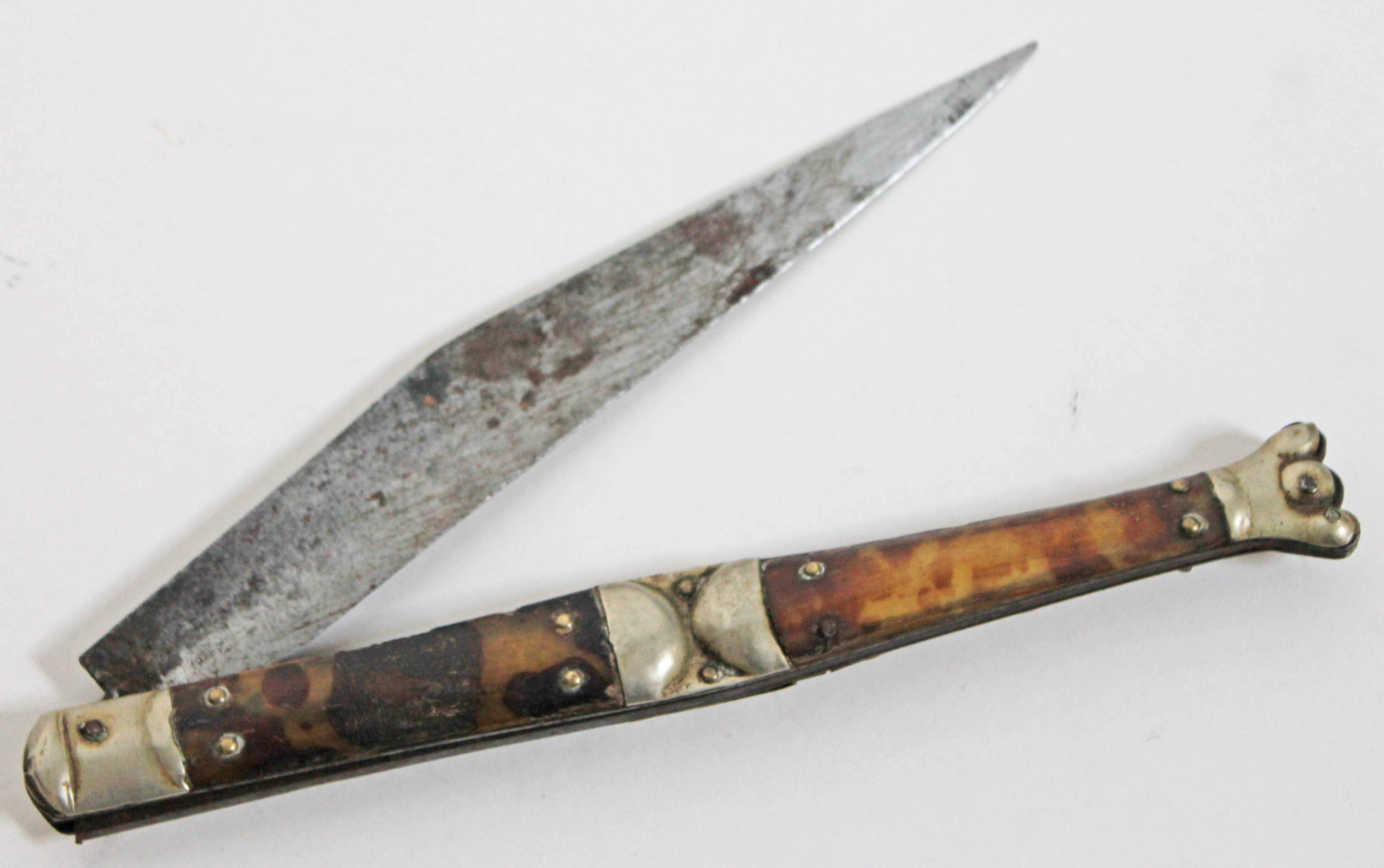 A Spanish 19th Century Navaja folding knife with inlaid tortoiseshell ...