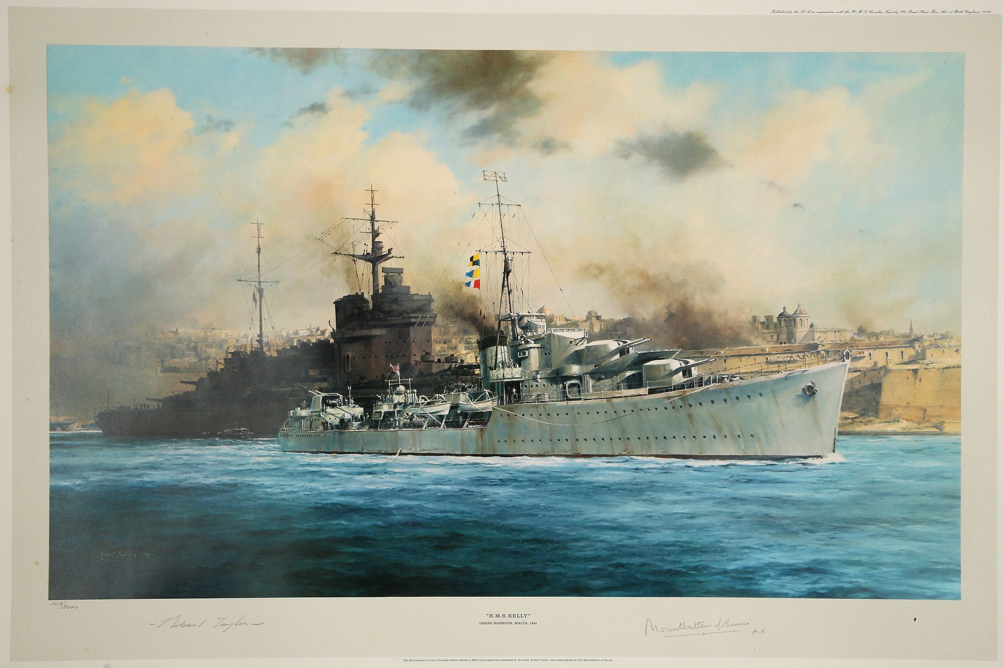 Two Robert Taylor naval prints, studies of HMS Kelly, Grand Harbour ...