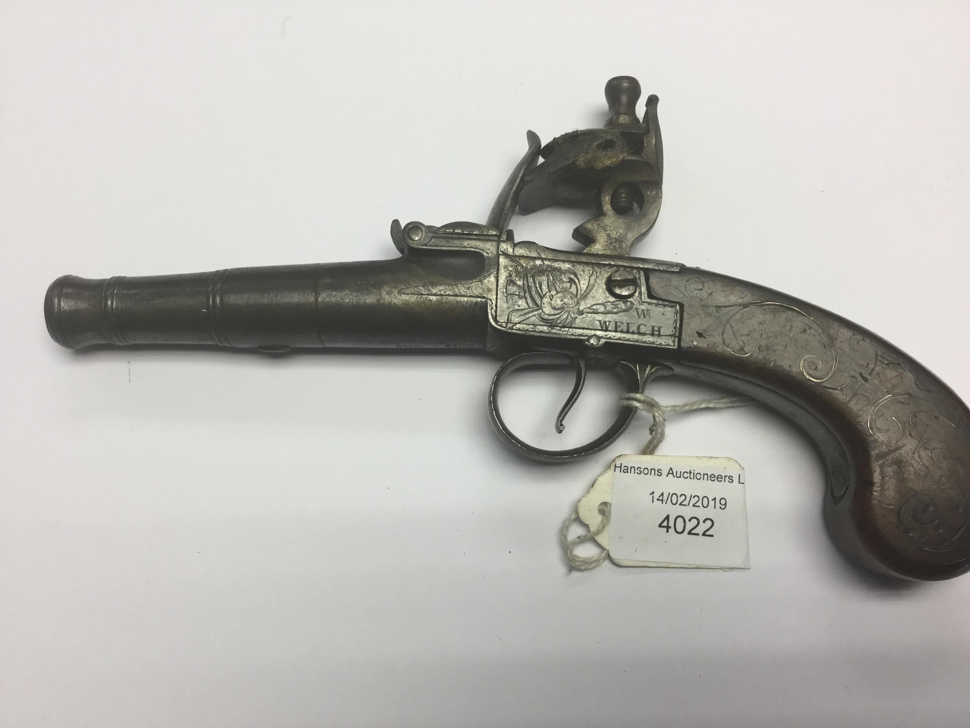 Flintlock pistol with 90mm long barrel. British "Crown V" proof marks ...
