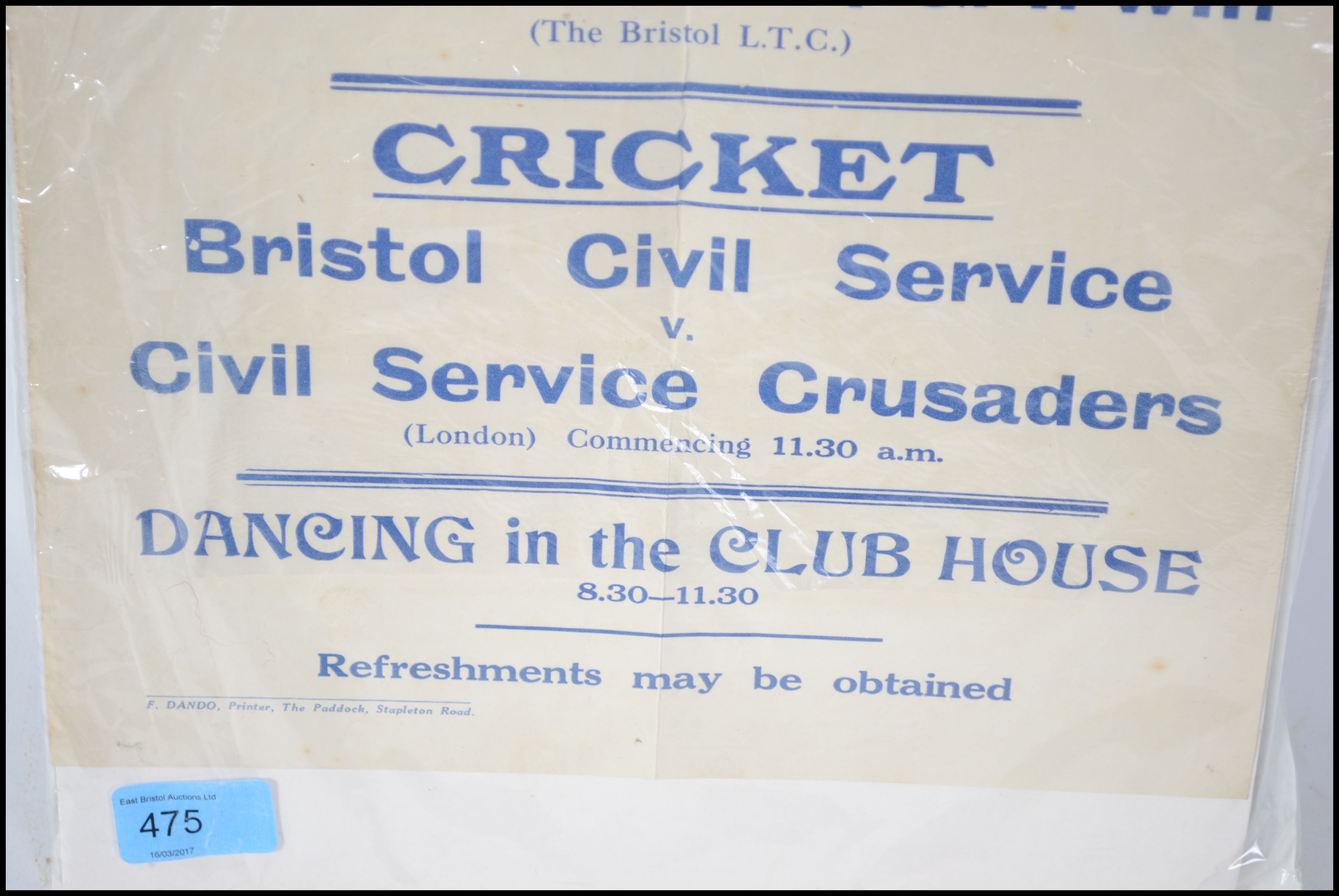 Bristol Civil Service Sports Club. Filton Ave. POSTER re Official ...