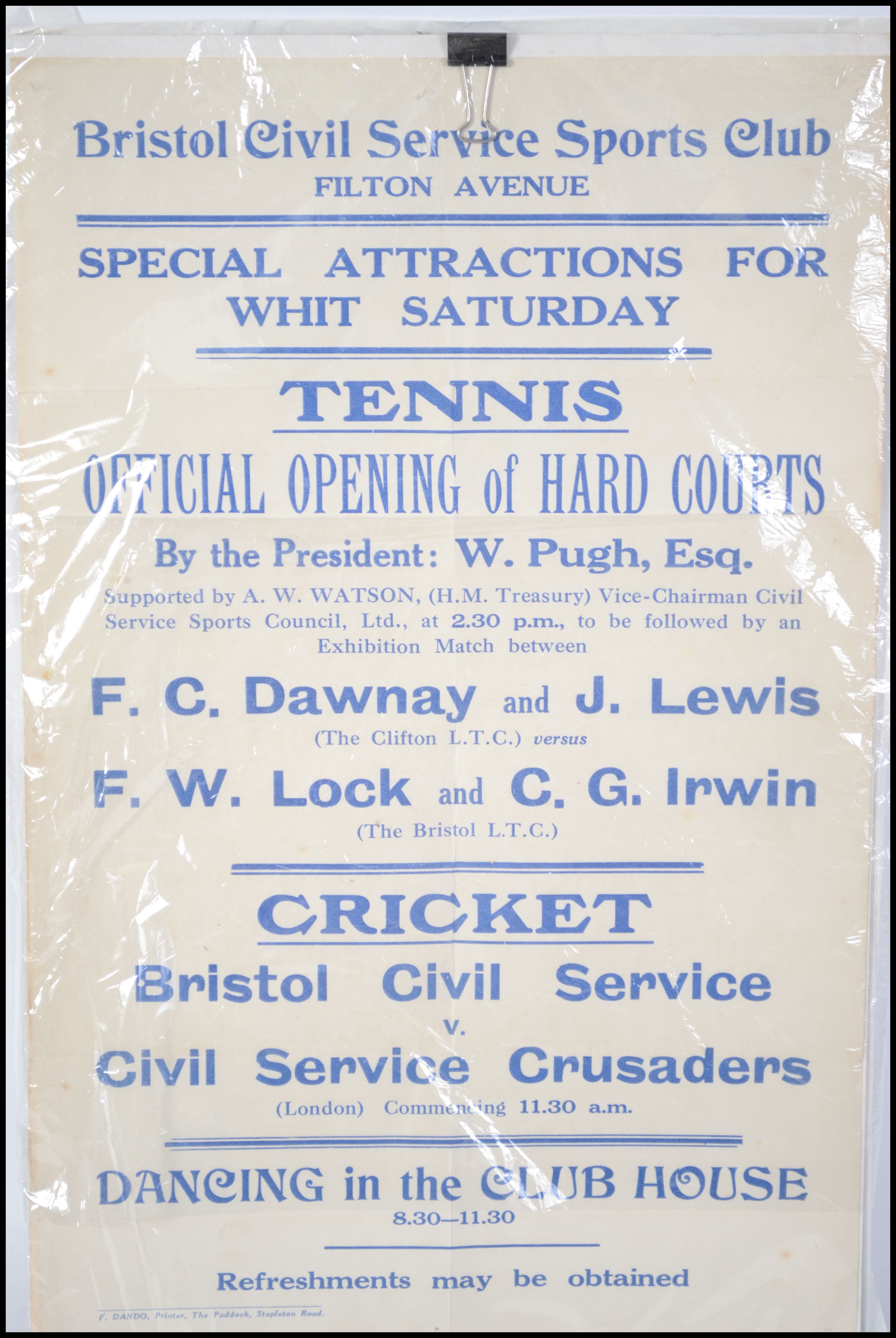 Bristol Civil Service Sports Club. Filton Ave. POSTER re Official ...
