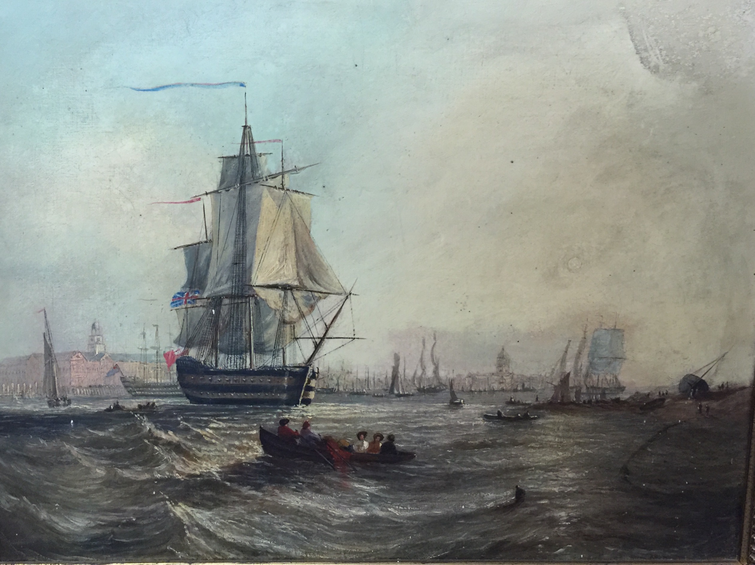 A 19TH CENTURY OIL ON CANVAS British warships at Portsmouth, gilt ...