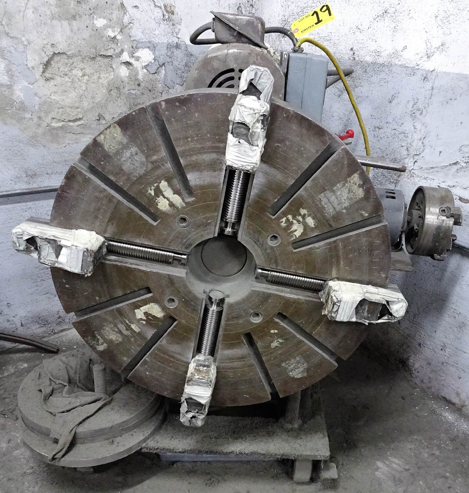 CUSTOM MADE 28" SPINNING CHUCK FIXTURE WITH 4-JAW 20" CHUCK, AND 8" 4 ...