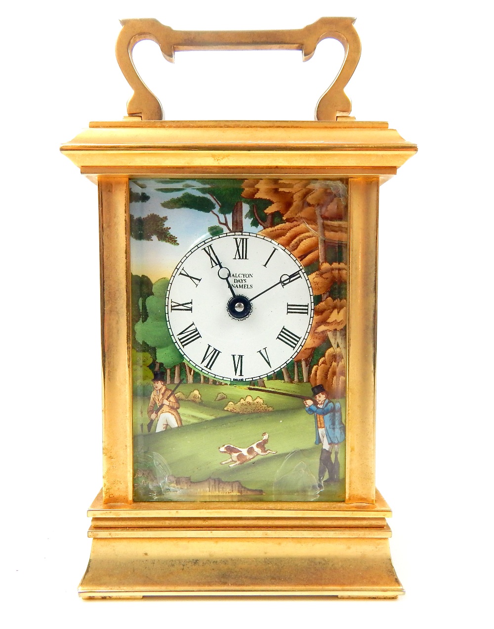 A Halcyon Days Enamel and brass carriage clock, the enamelled dial with ...