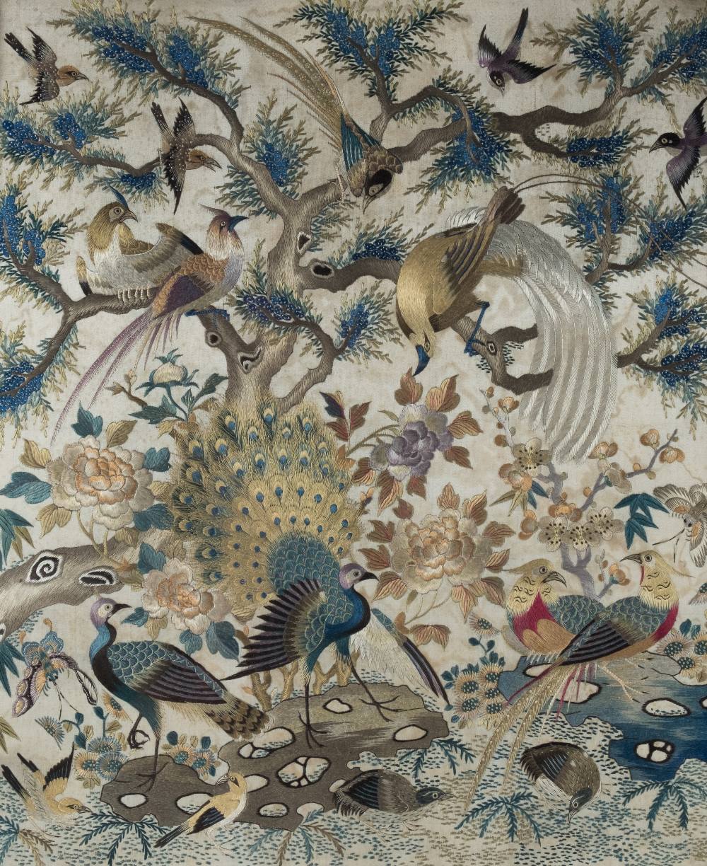 A Chinese embroidered panel 19th Century depicting the "100 Birds ...