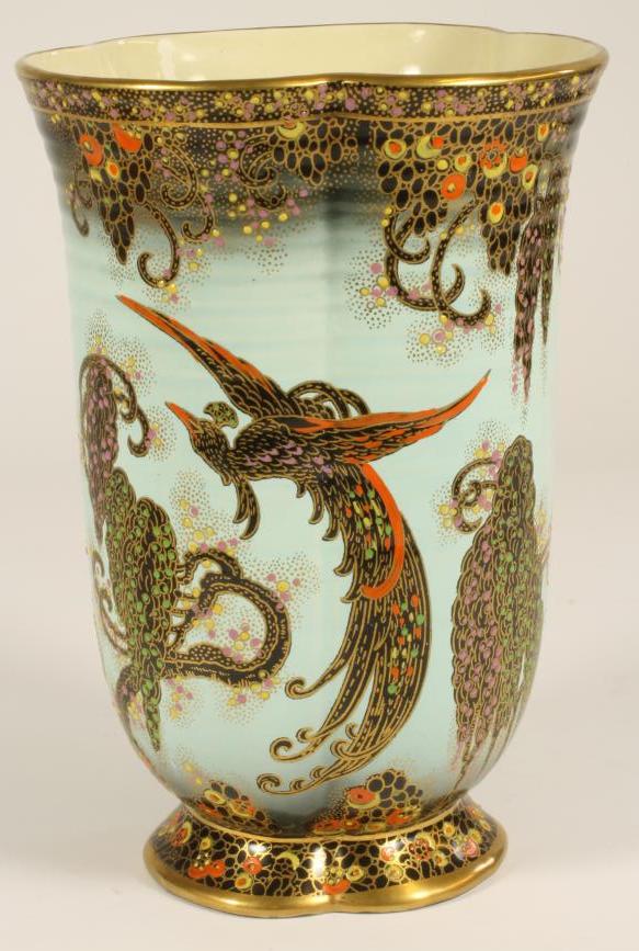 A CROWN DEVON FIELDINGS POTTERY VASE, 1930's, of trefoil section on a ...