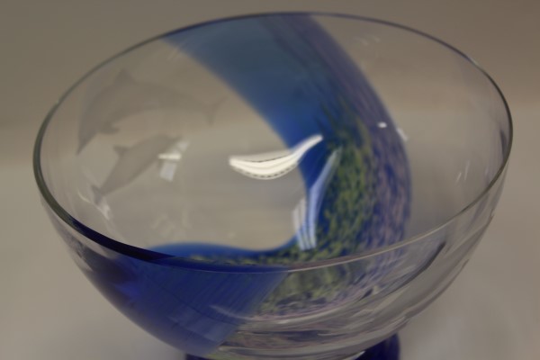 Caithness coloured glass bowl engraved with dolphins, 18.5cm diameter ...