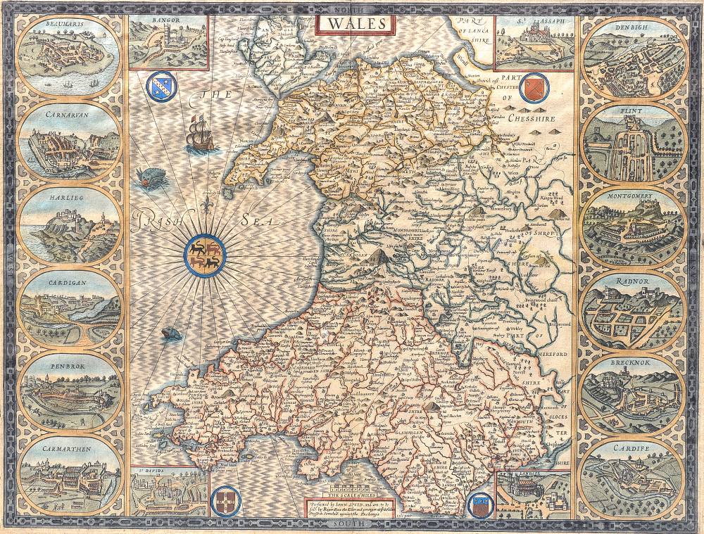 A rare 17th-century map of Wales by John Speed. Copper engraving on ...