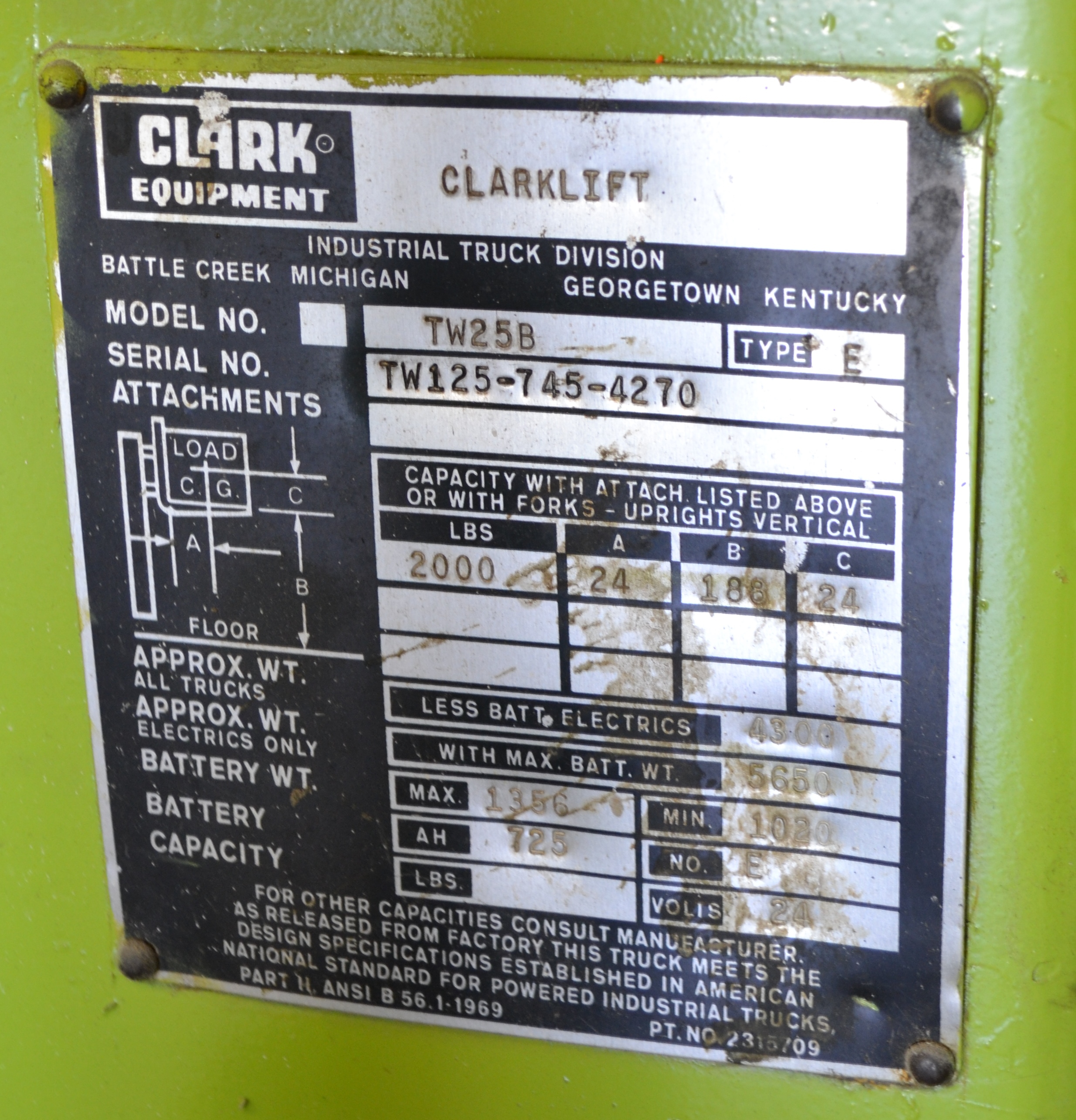 Clark Model TW25B Electric Forklift, 2,000-Lb Capacity, 3-Stage Mast ...