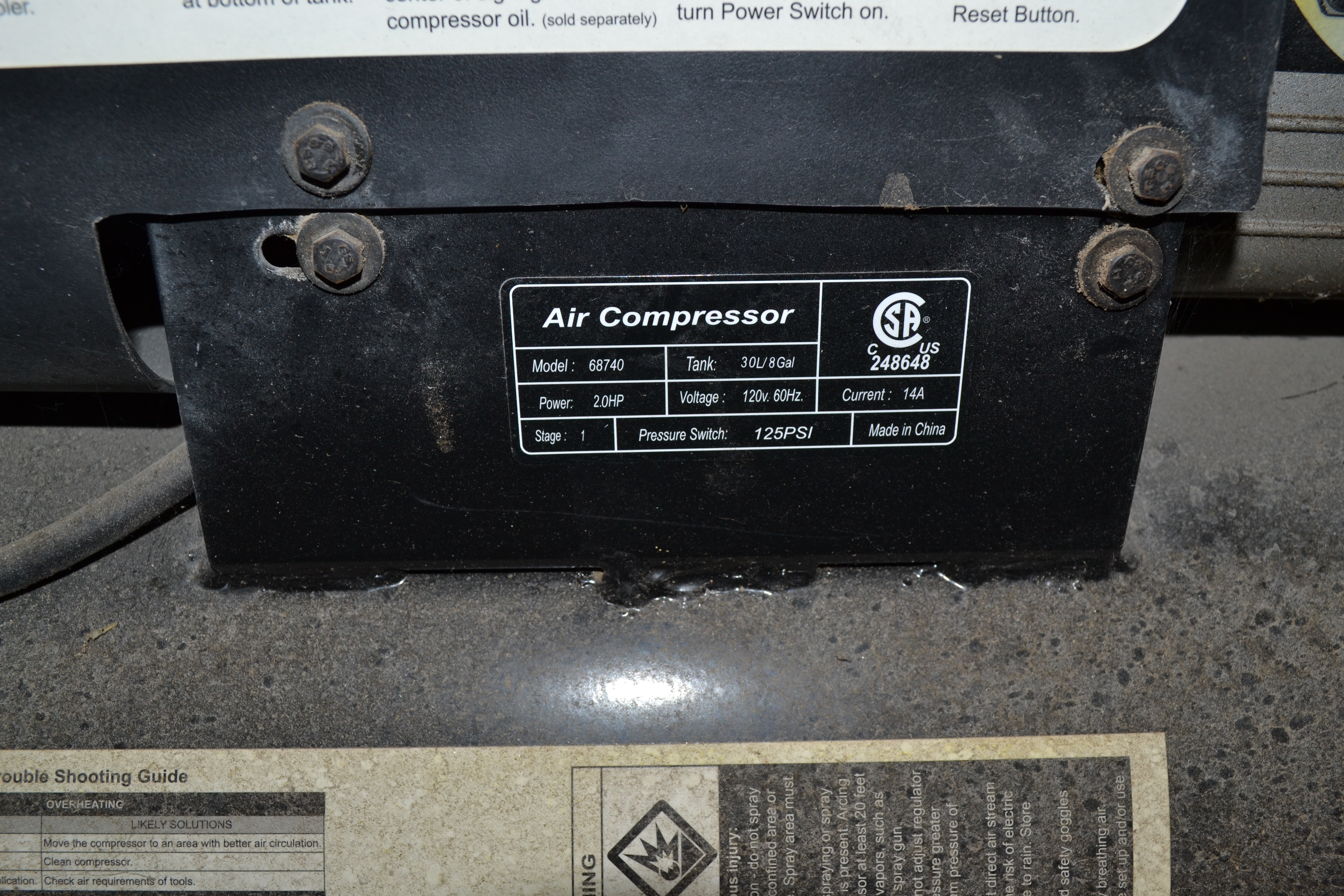 Central Model 68740 Pneumatic 2-HP Electric Air Compressor, 125-PSI, 8 ...