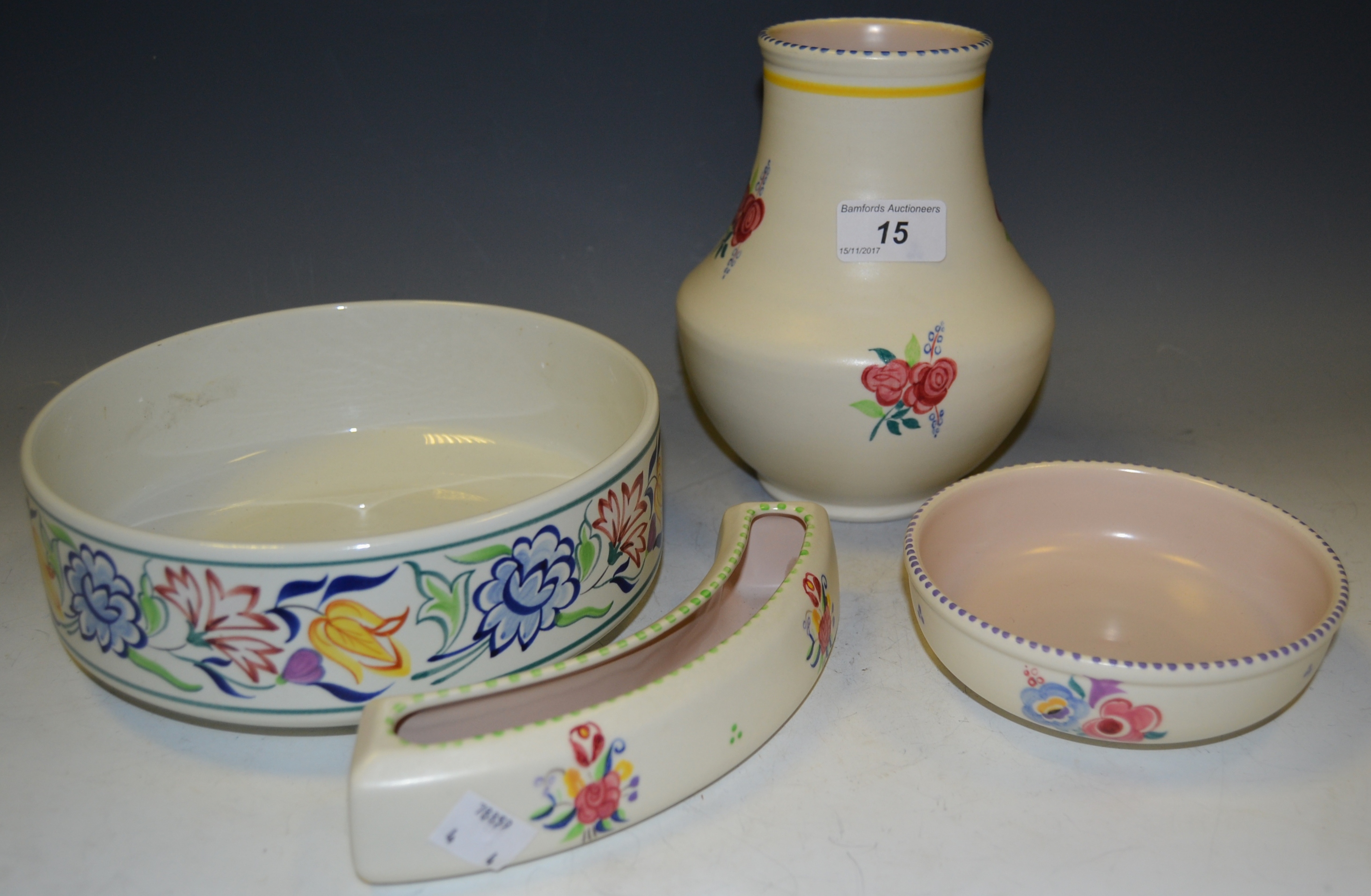 Poole Pottery - a floral waisted vase; fruit bowl, sugar bowl; etc ...