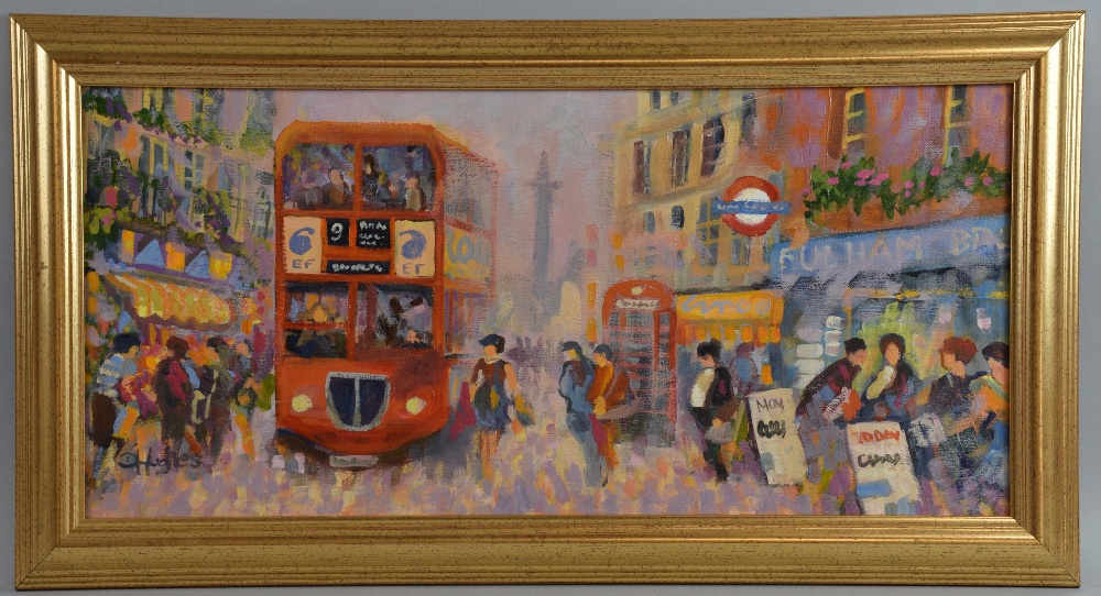 J Hughes, London scene, signed oil on canvas, 29cm x 62cm