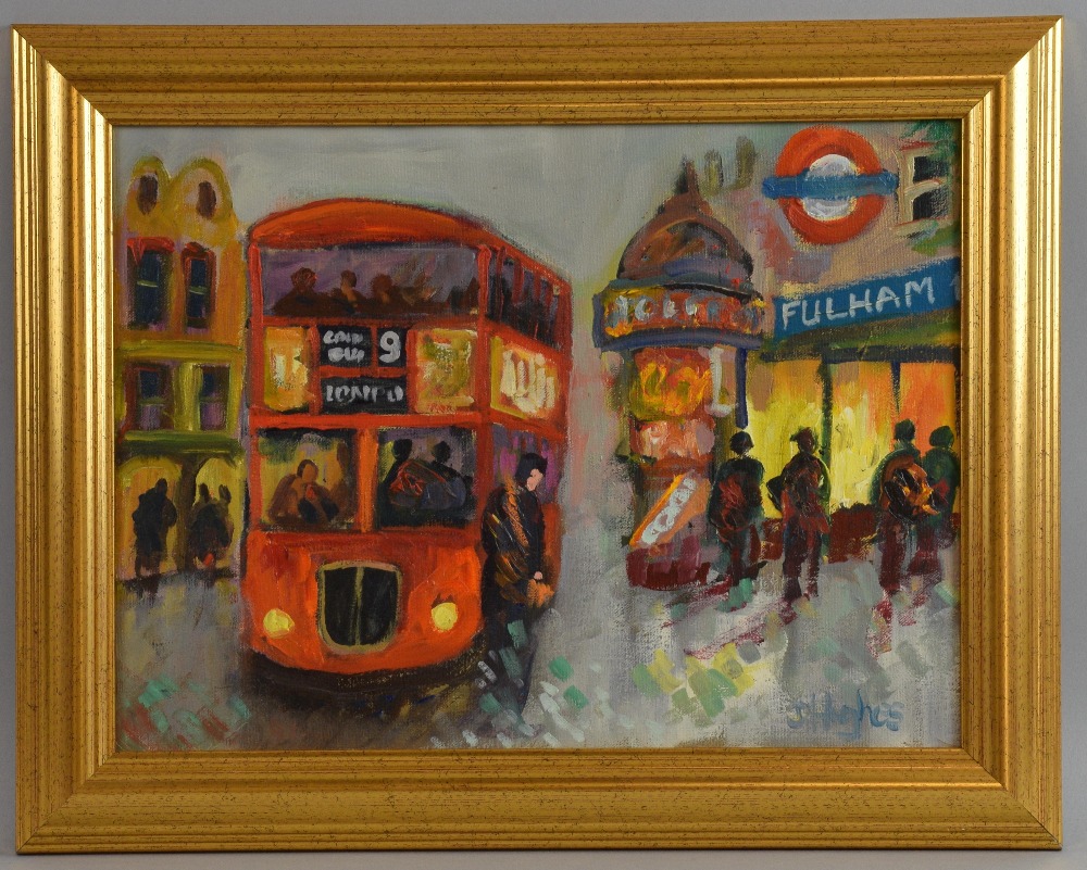 J Hughes, London scene, signed oil on canvas, 29cm x 39cm