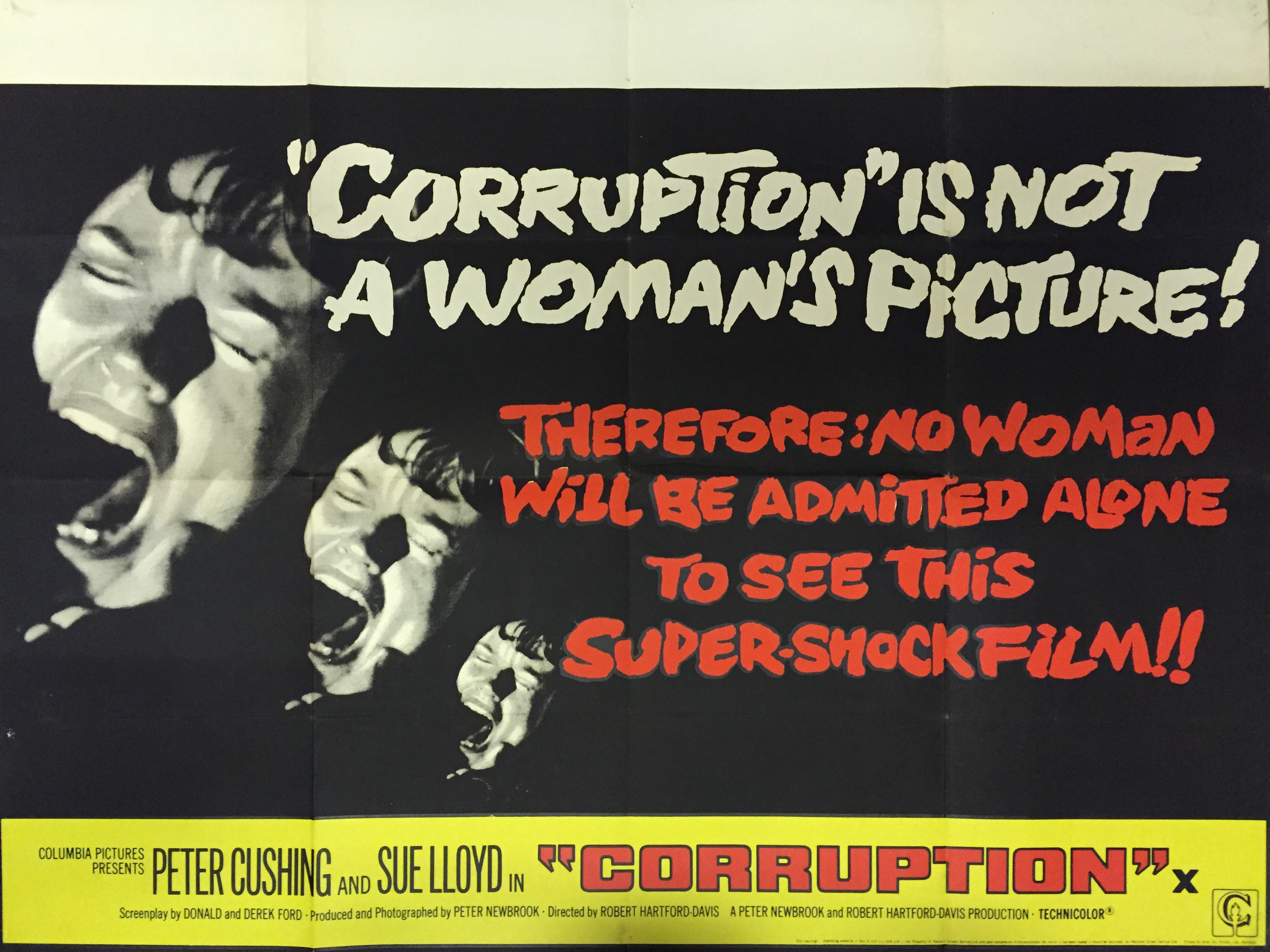 Corruption 1968 film poster, starring Peter Cushing and Sue Lloyd, folded UK Quad printed in Engl