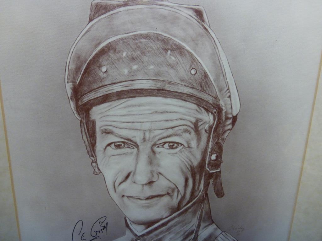 Lester Piggott, signed sketch (?) 50 x 42cm overall (est £30-£50)
