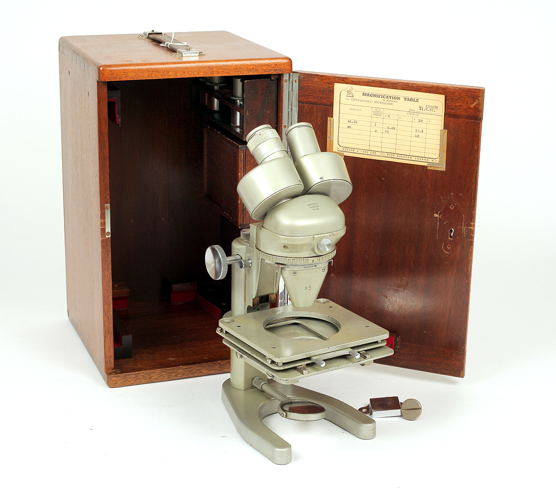 Watson of London Stereoscopic Microscope. #118238 Dated 1955, in fitted ...